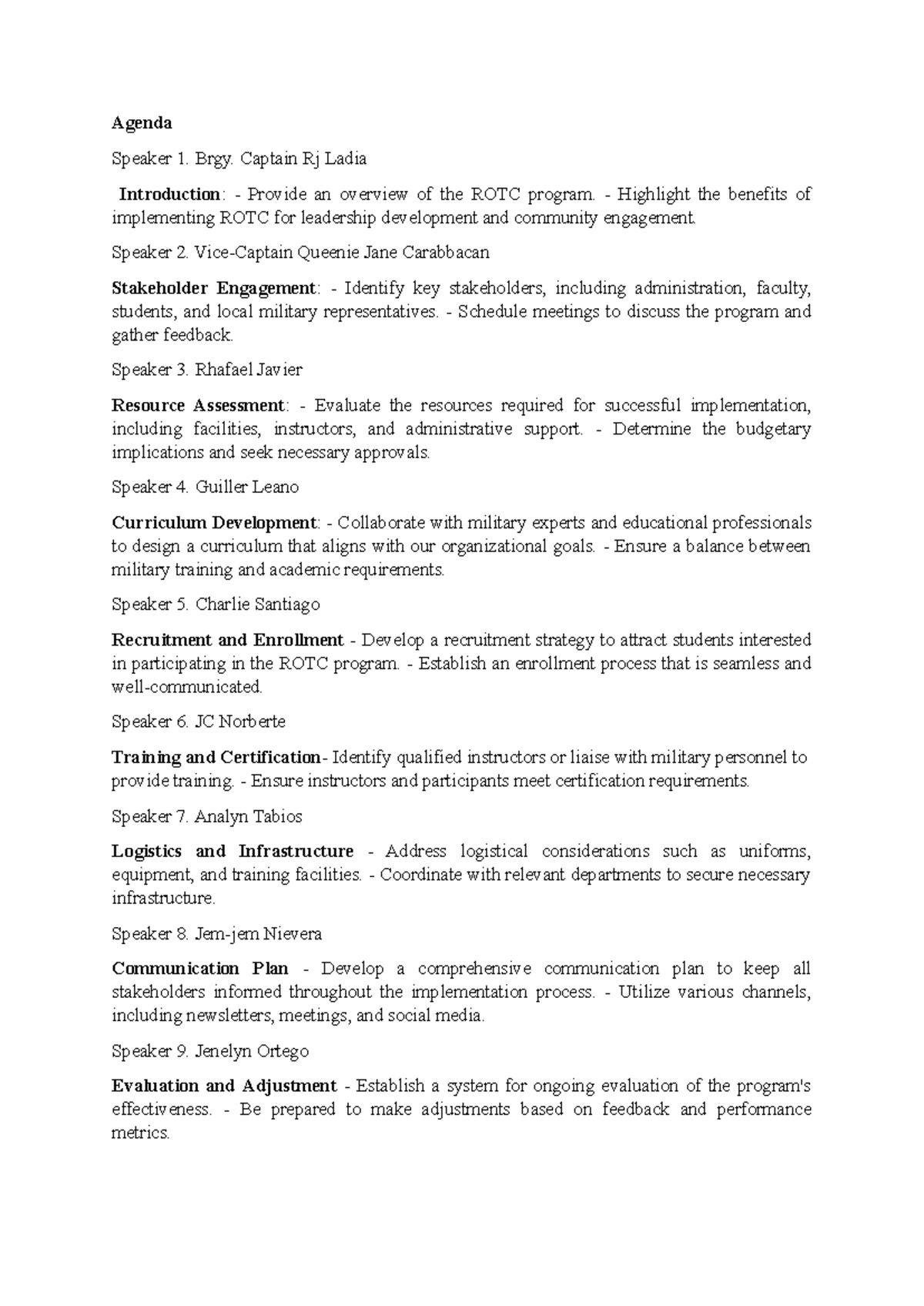 Agenda ROTC G-2 - i dont know to say - Agenda Speaker 1. Brgy. Captain Rj Ladia Introduction ...