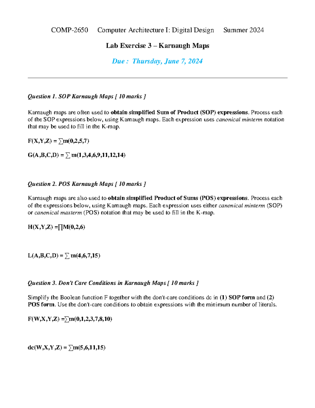 Lab 3-1 - COMP- 2650 Computer Architecture I: Digital Design Summer 202 4 Lab Exercise 3 ...