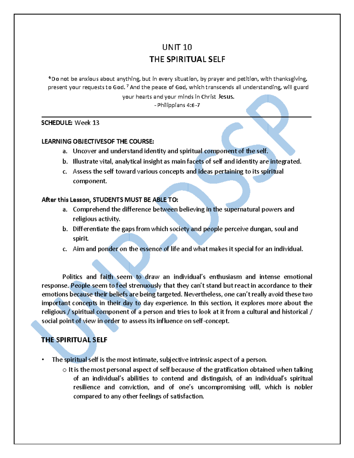 Unit 7-9 - For lectures - UNIT 10 THE SPIRITUAL SELF 6 Do not be ...