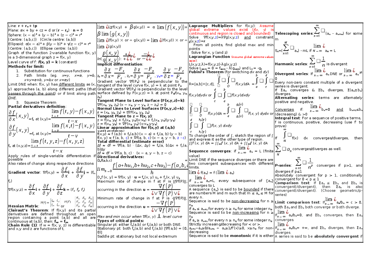 Mh1811 Cheatsheet Line R R 0 Tp Plane Ax By Cz D Or R