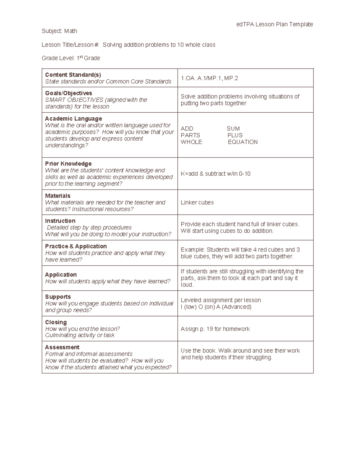 Week 2 lesson plan - edTPA Lesson Plan Template Subject: Math Lesson ...