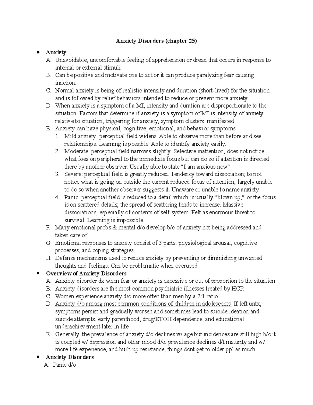 Anxiety Disorders Outline - Anxiety Disorders (chapter 25) Anxiety A ...