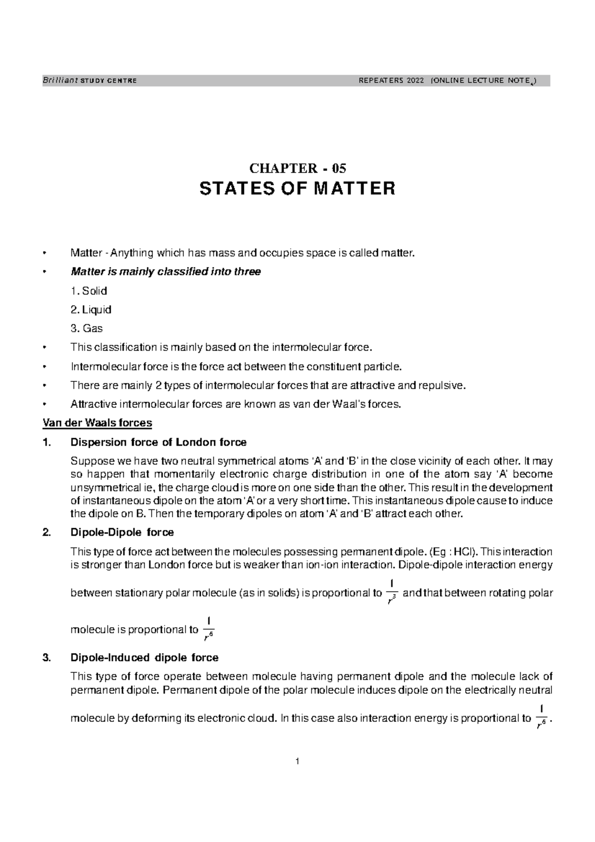 States of matter - capsule note - CHAPTER - 05 STAT ES OF M AT T ER ...