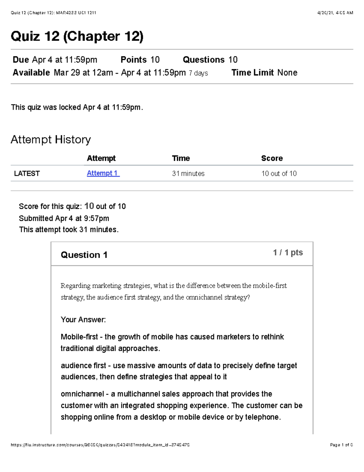 Quiz 12 (Chapter 12): MAR4233 U01 1211 - Quiz 12 (Chapter 12) Due Apr 4 ...
