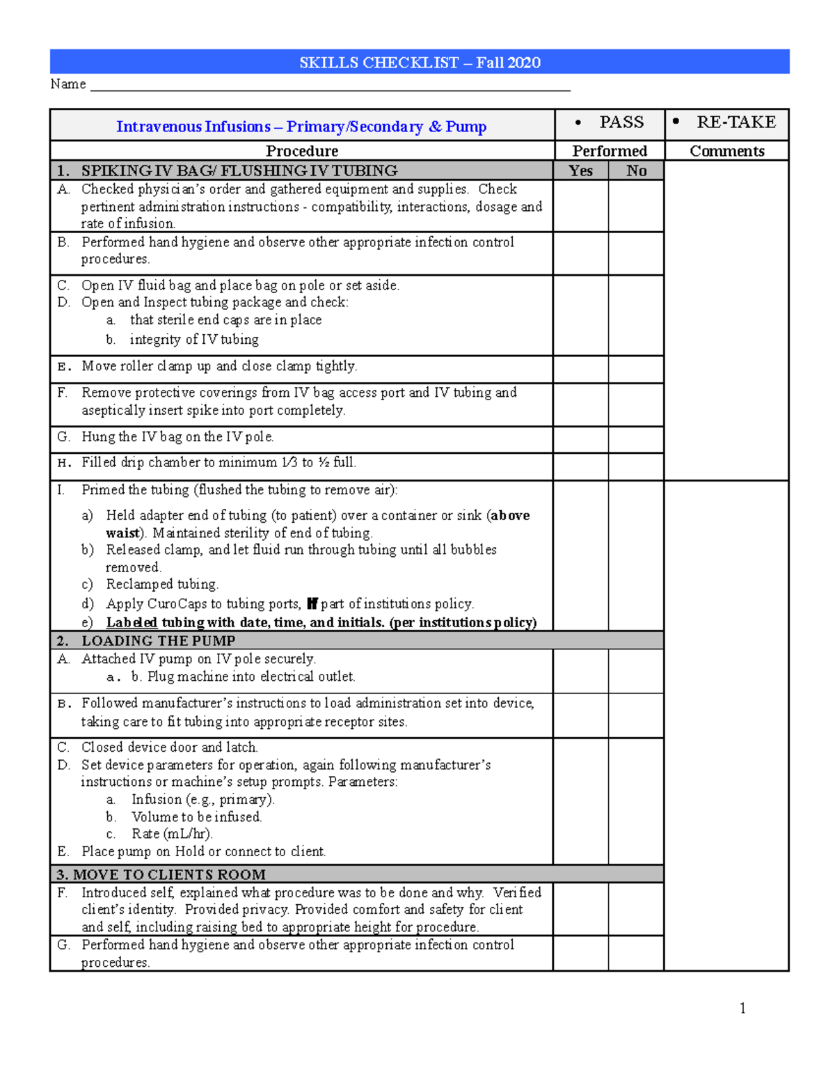 IV Skill checklist Fall 2021 - SKILLS CHECKLIST – Fall 2020 Name - Studocu