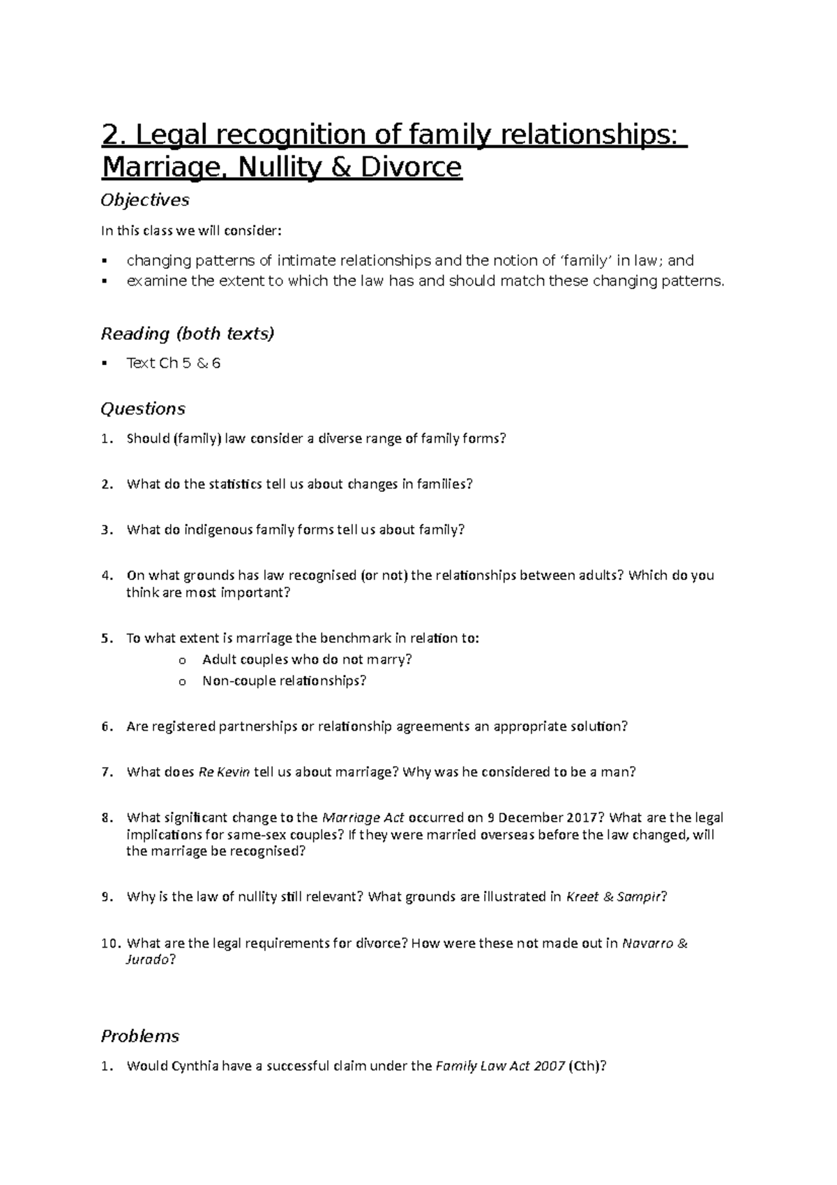 Week 2 - Questions & Problem Questions - 2. Legal recognition of family ...