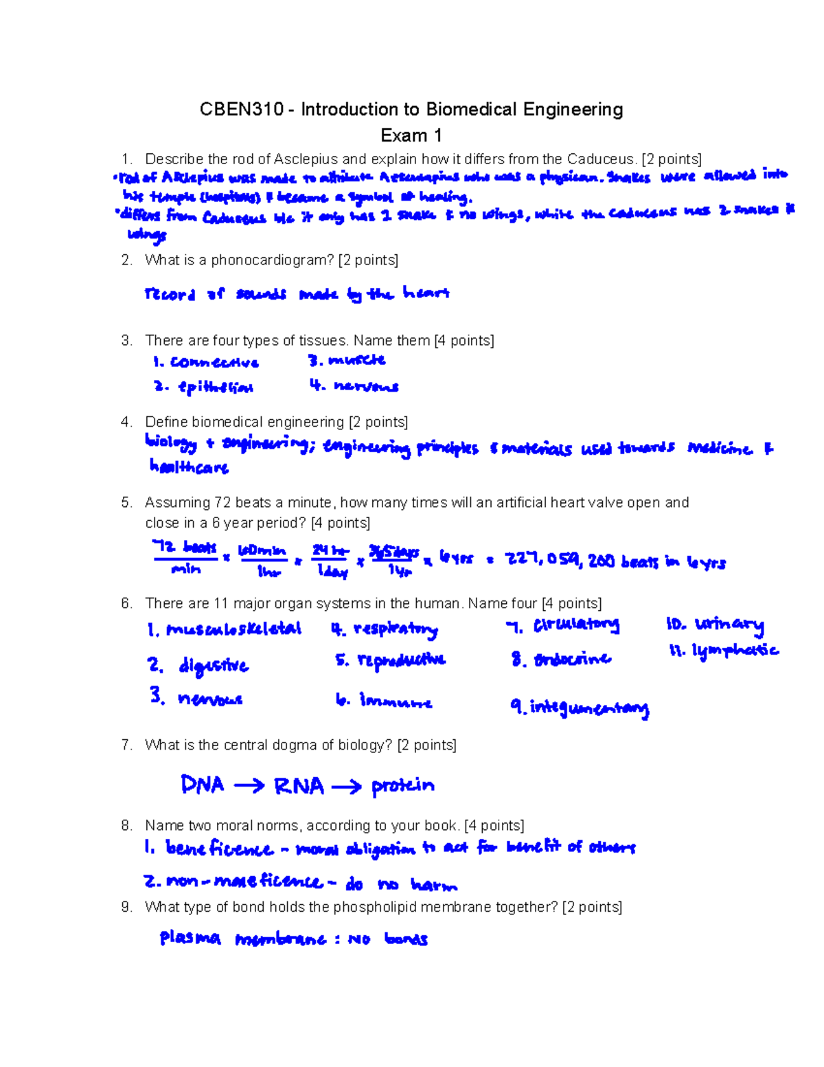 CBEN310 Exam 1 Key - Intro to Biomedical Engineering Exam 1 - CBEN310 ...
