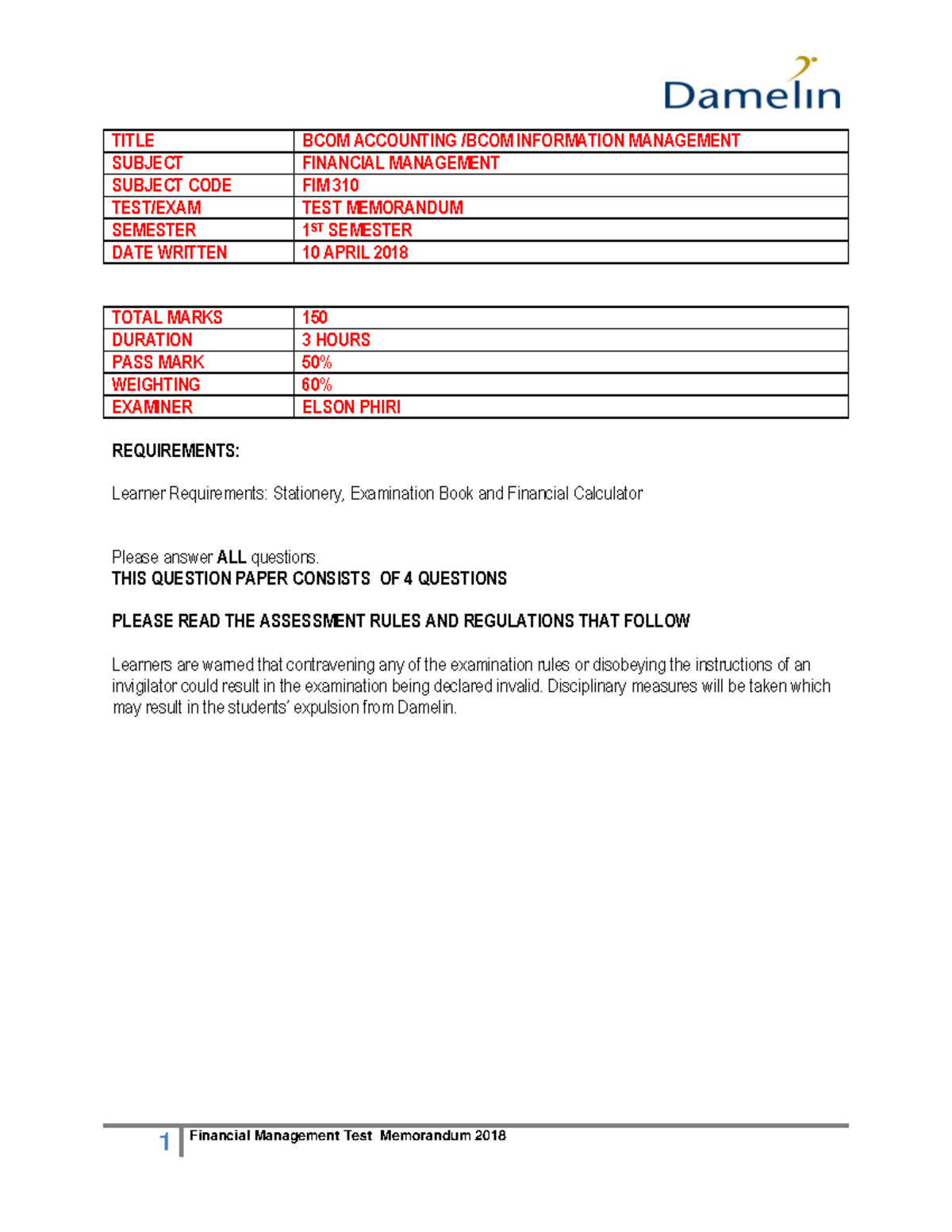 Financial Management Test Memo - THIS QUESTION PAPER CONSISTS OF 4 ...