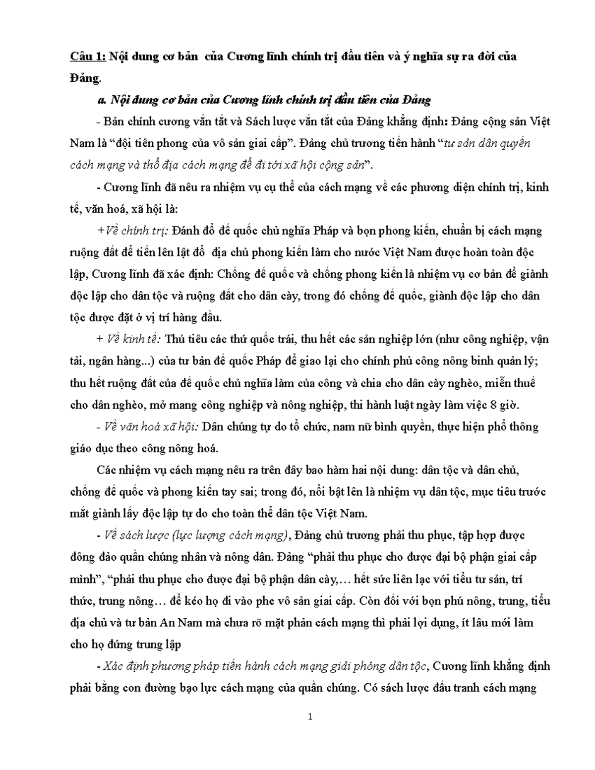 Lịch-sử-Đảng - Ôn tập cuối kì - Câu 1: Nội dung cơ bản của Cương lĩnh chính trị đầu tiên và ý ...