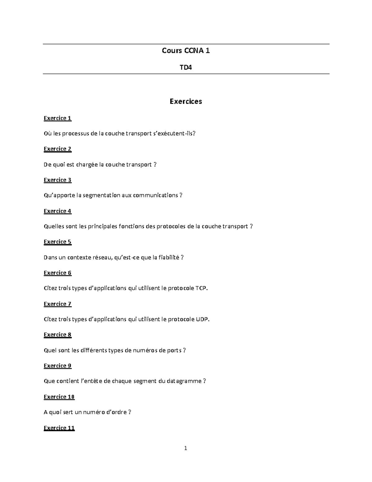 Ccna1-etudiant-td04 - TD travel - Cours CCNA 1 TD 4 Exercices Exercice ...