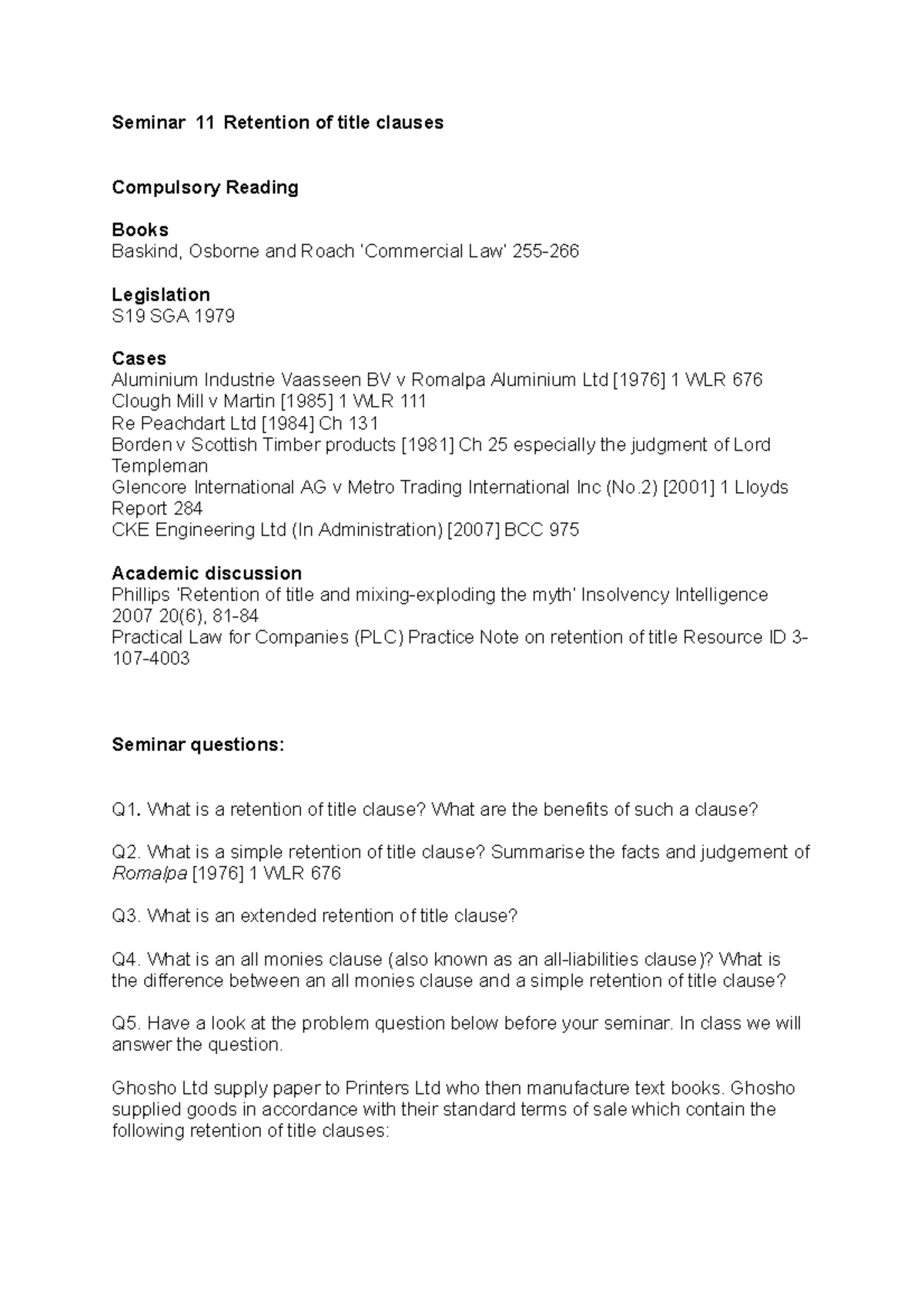 Seminar 11- Retention of Title - ** What is a retention of title clause ...