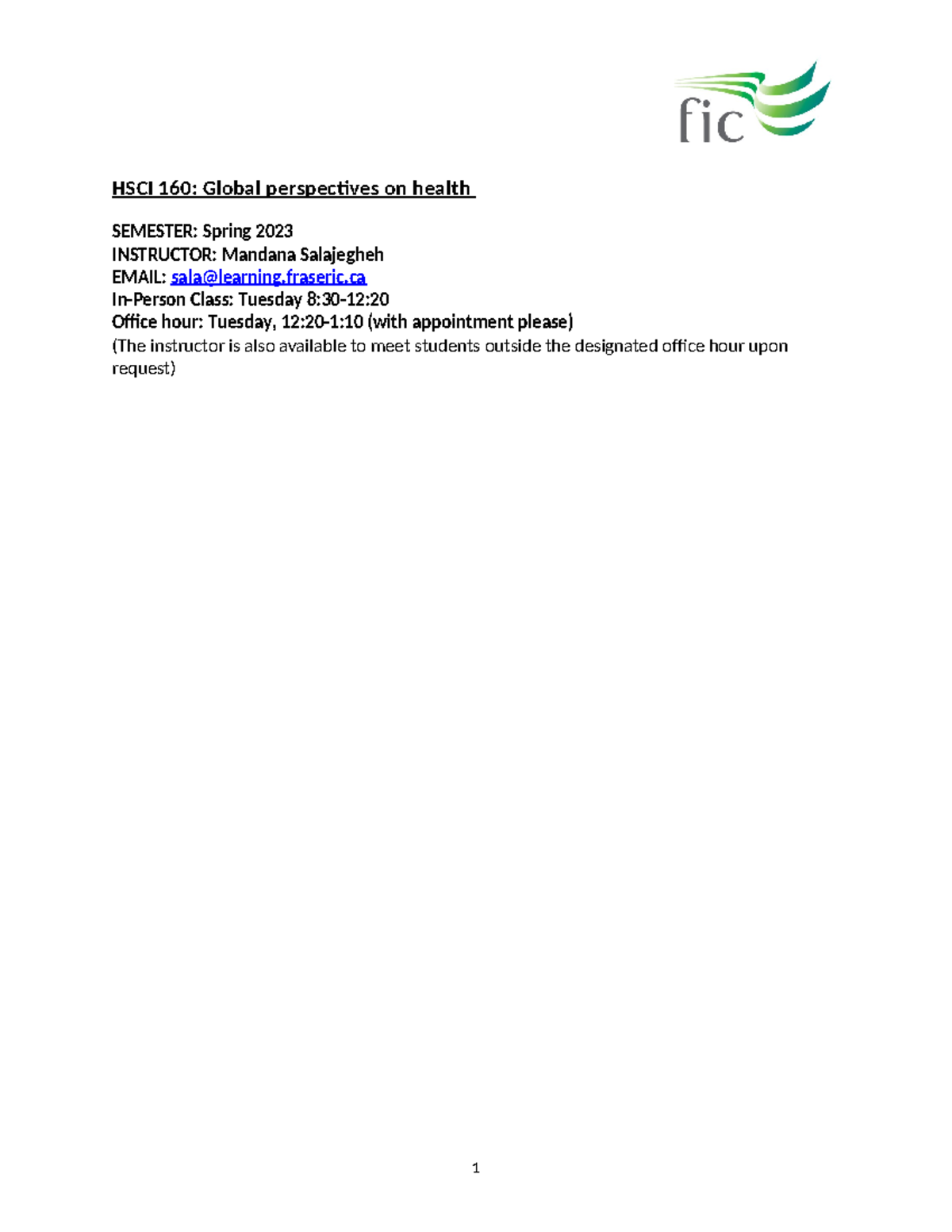 HSCI160 Syllabus - HSCI 160: Global perspectives on health SEMESTER ...