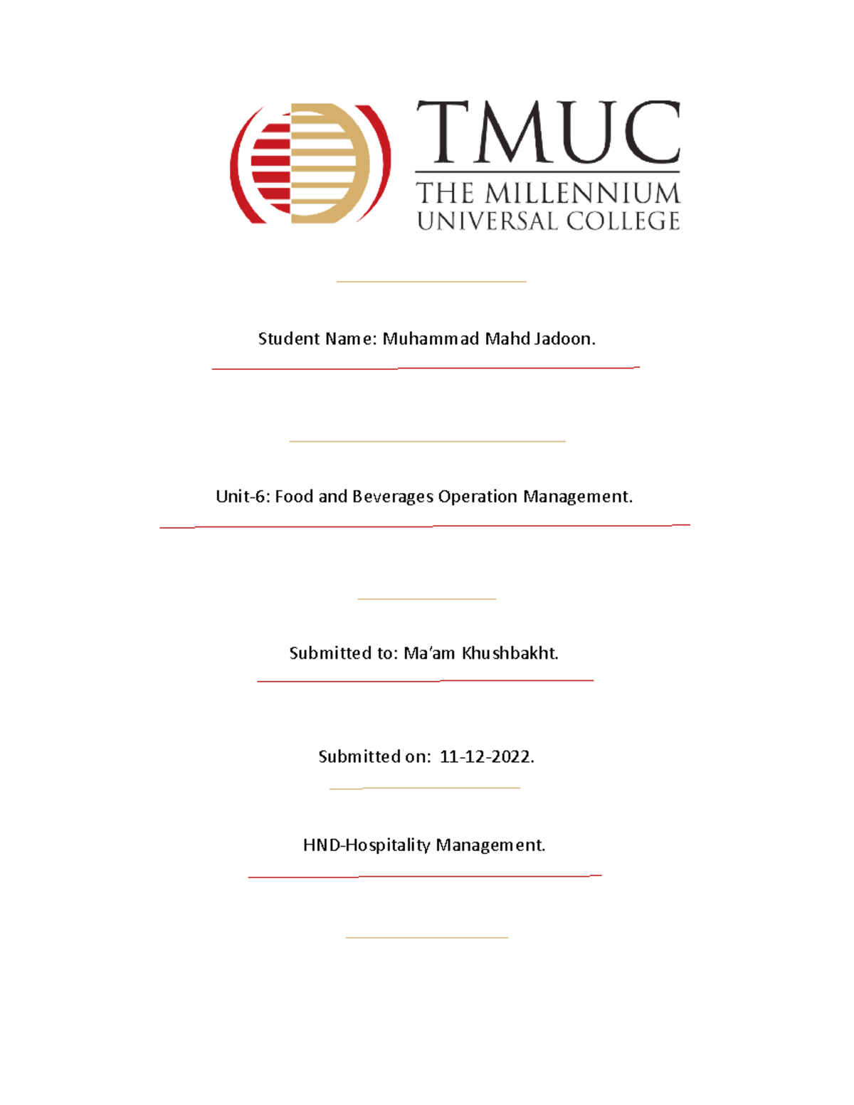 Unit 6 Food and beverage - Student Name: Muhammad Mahd Jadoon. Unit-6 ...