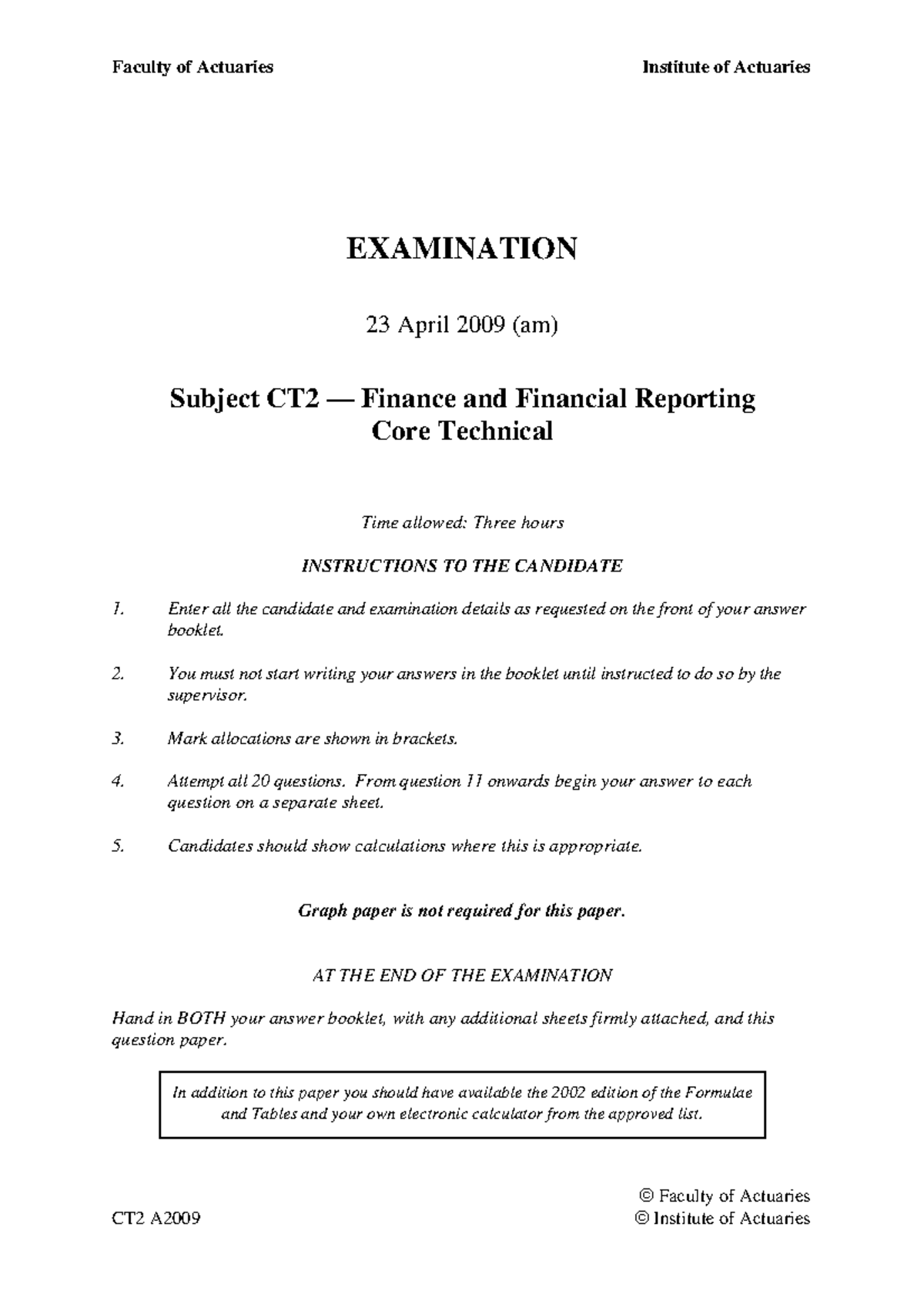 2009 - past paper - Faculty of Actuaries Institute of Actuaries ...