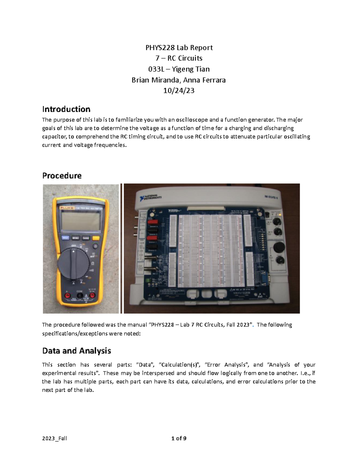PHYS228 Lab Report Template 7 - RC Circuits - PHYS228 Lab Report 7 – RC ...