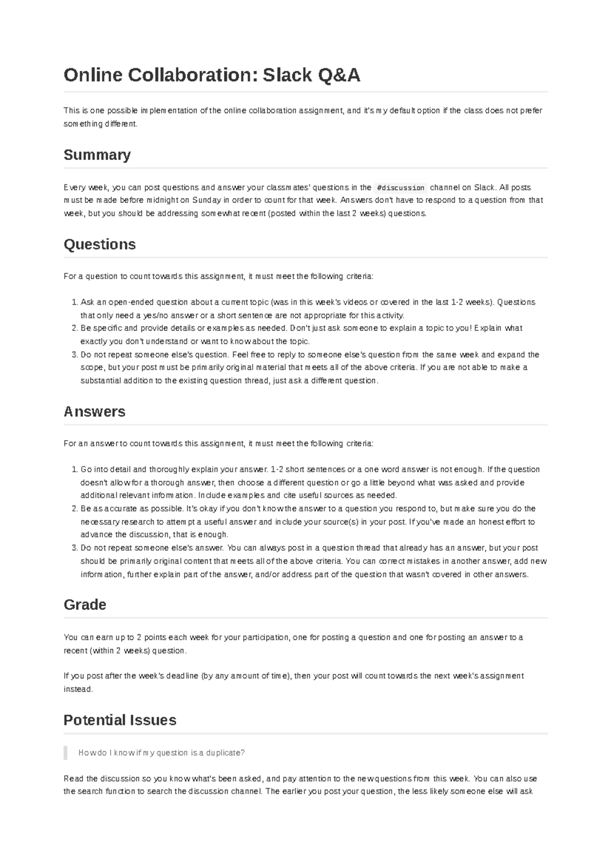 Online Collab - Online Collaboration: Slack Q&A This is one possible ...