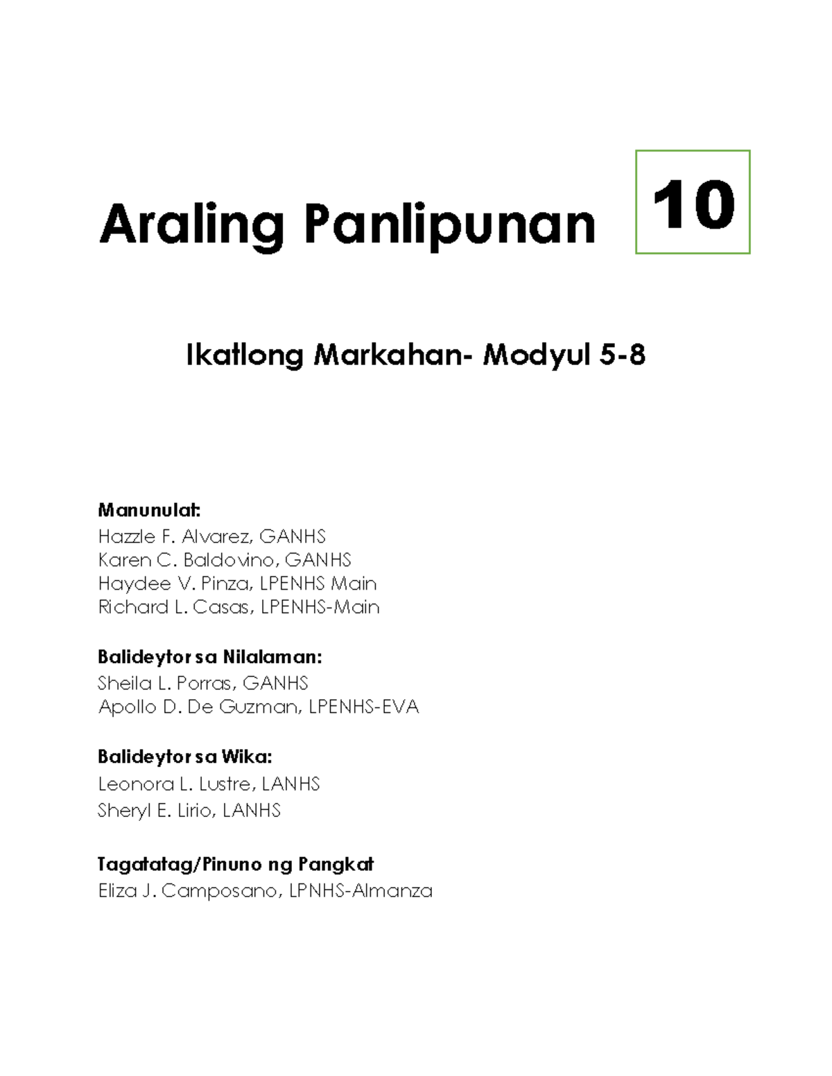 AP10 Q3 ADM Week 5 8 Validated 1 - Araling Panlipunan Ikatlong Markahan- Modyul 5- Manunulat ...