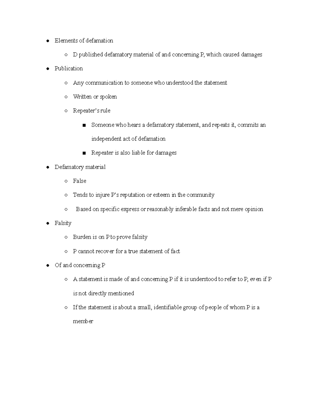 Torts- Rules of Defamation - Elements of defamation D published ...