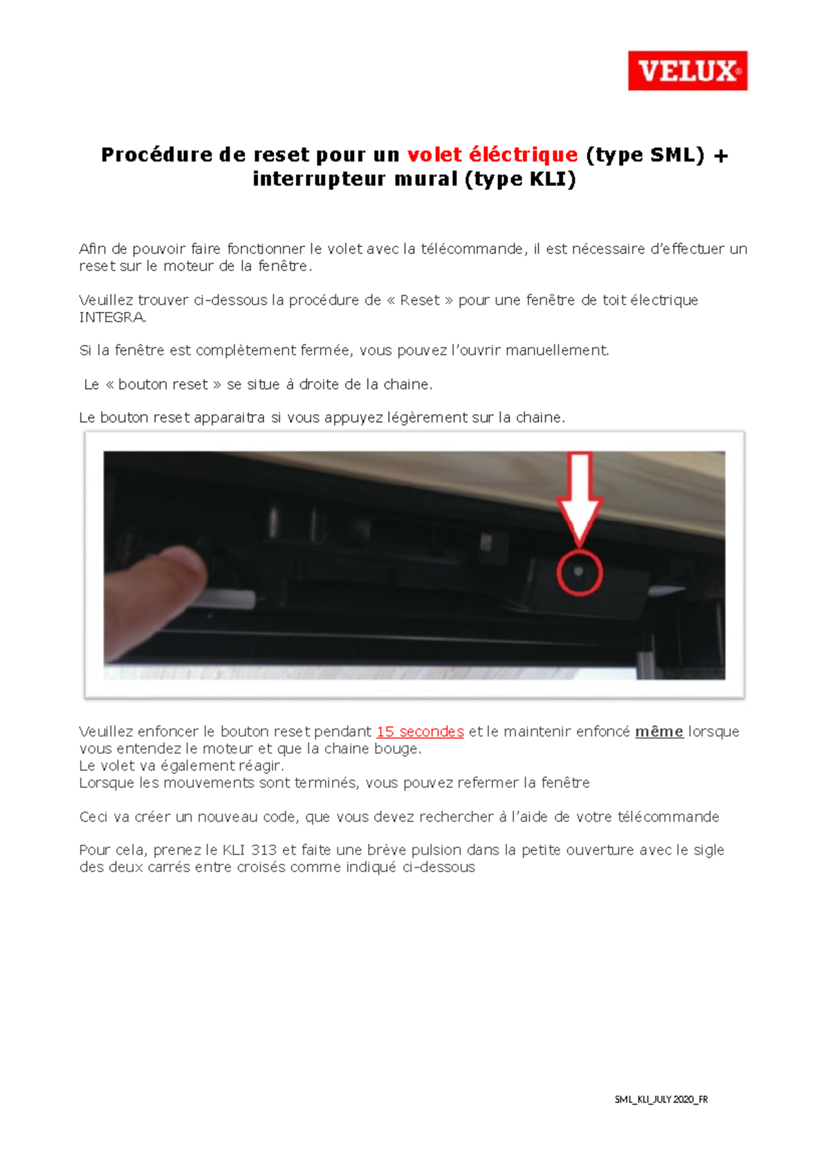 FR Procdure de reset SML KLI - Procédure de reset pour un volet éléctrique (type SML ...