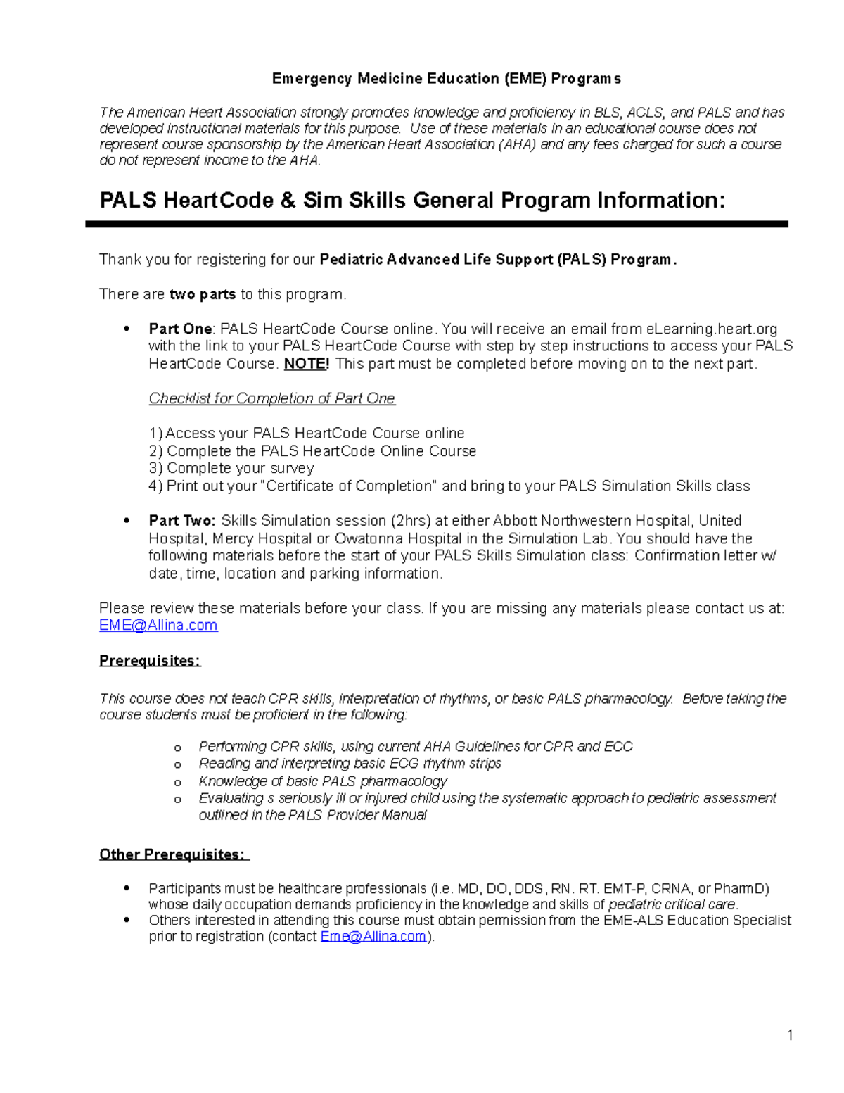 PALS classes General Information - Emergency Medicine Education (EME ...