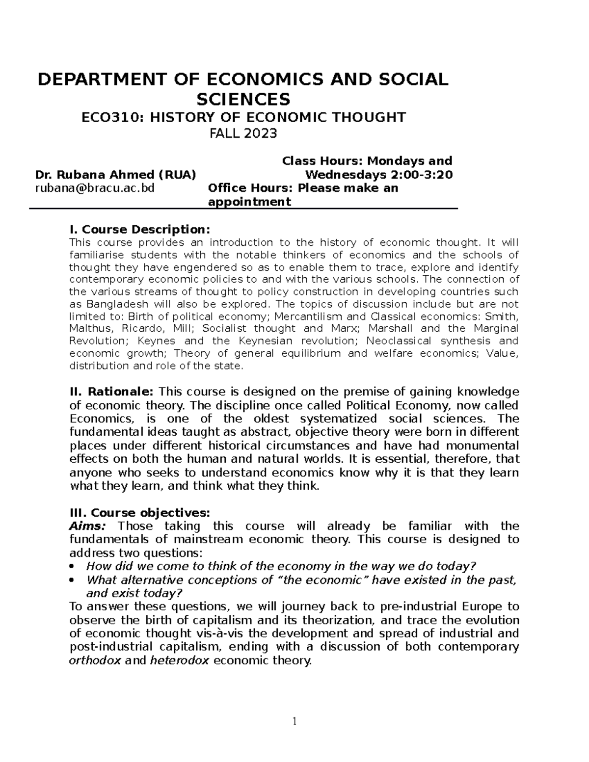 ECO 310 Course Outline FALL 2023 - DEPARTMENT OF ECONOMICS AND SOCIAL ...