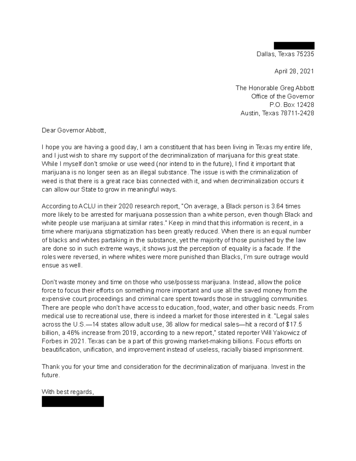 Sample Letter - sds - Victoria Bruno Dallas, Texas 75235 April 28, 2021 ...