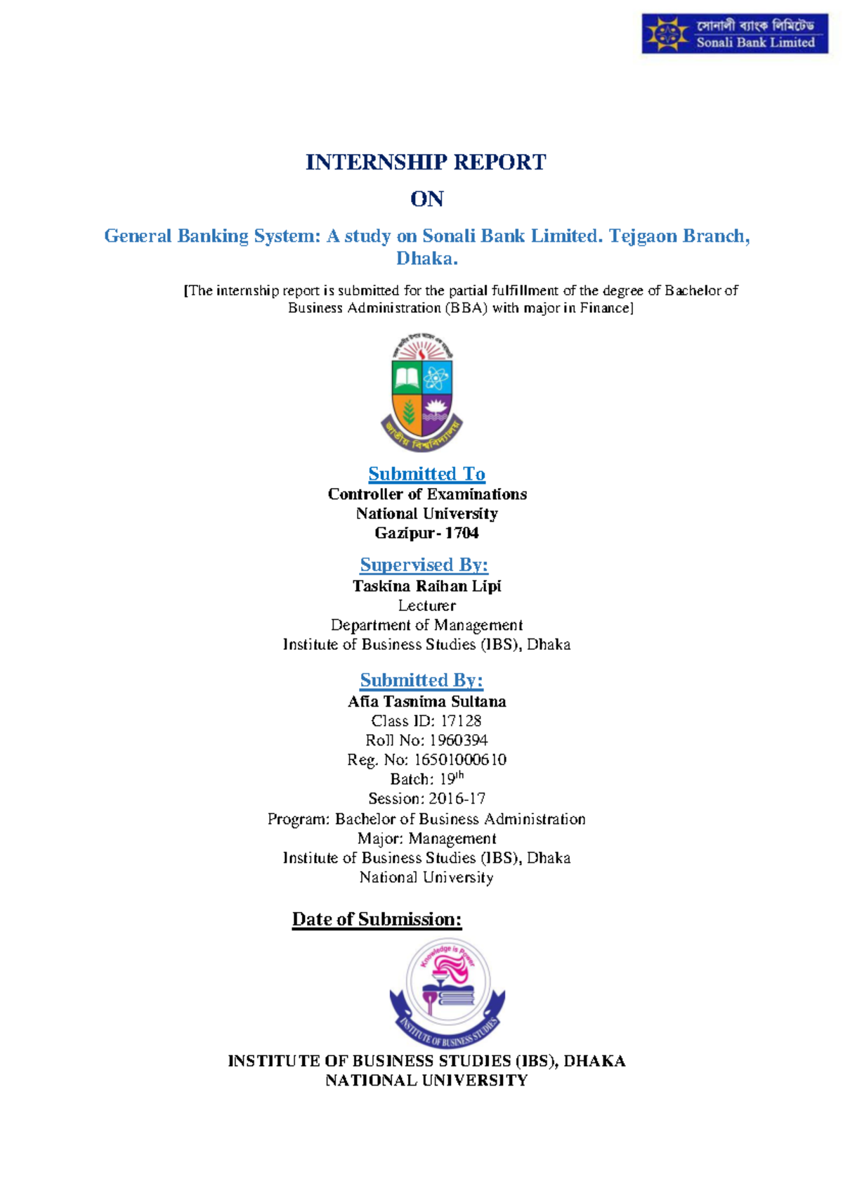 Afia final docx - this - INTERNSHIP REPORT ON General Banking System: A study on Sonali Bank ...