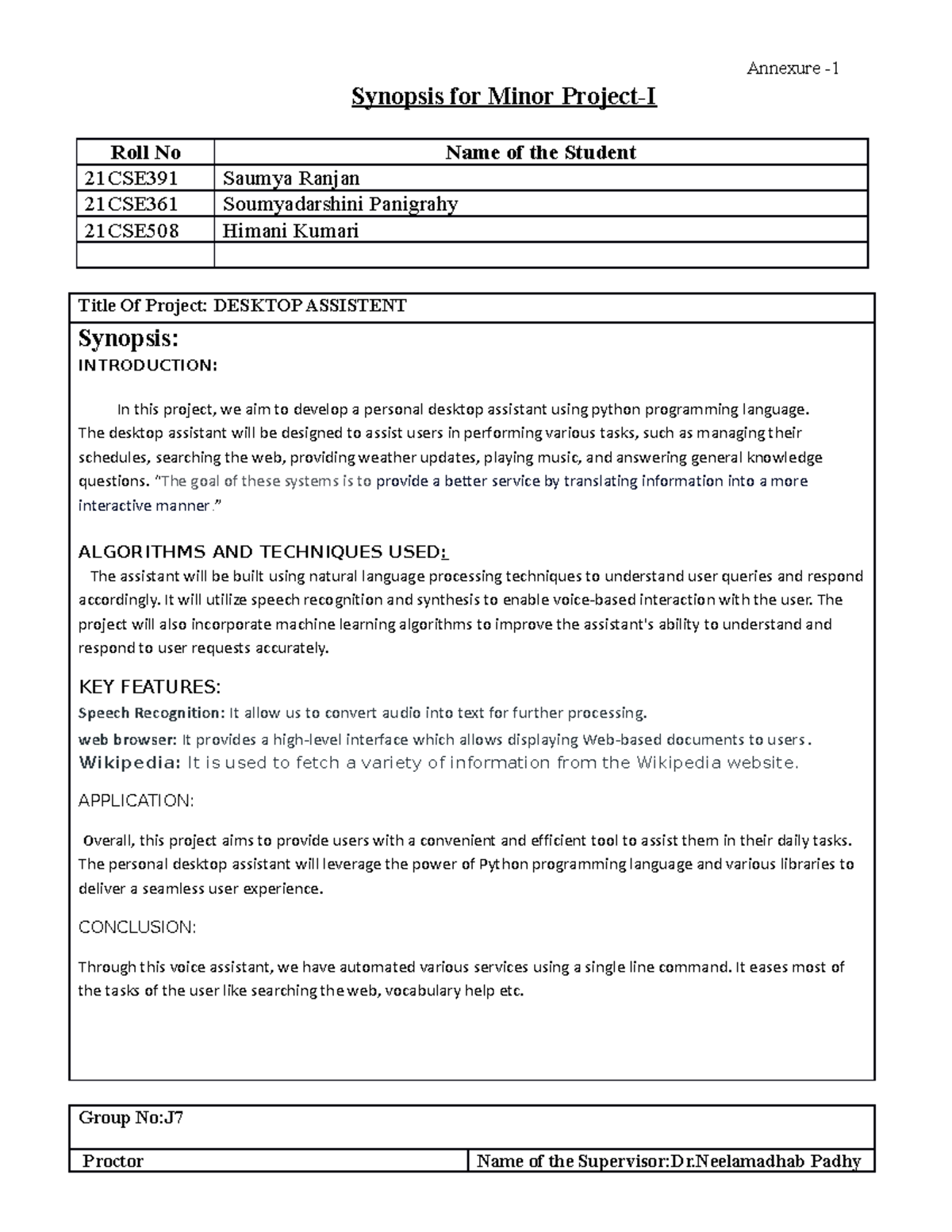 Synopsis format - Annexure - Synopsis for Minor Project-I Roll No Name ...