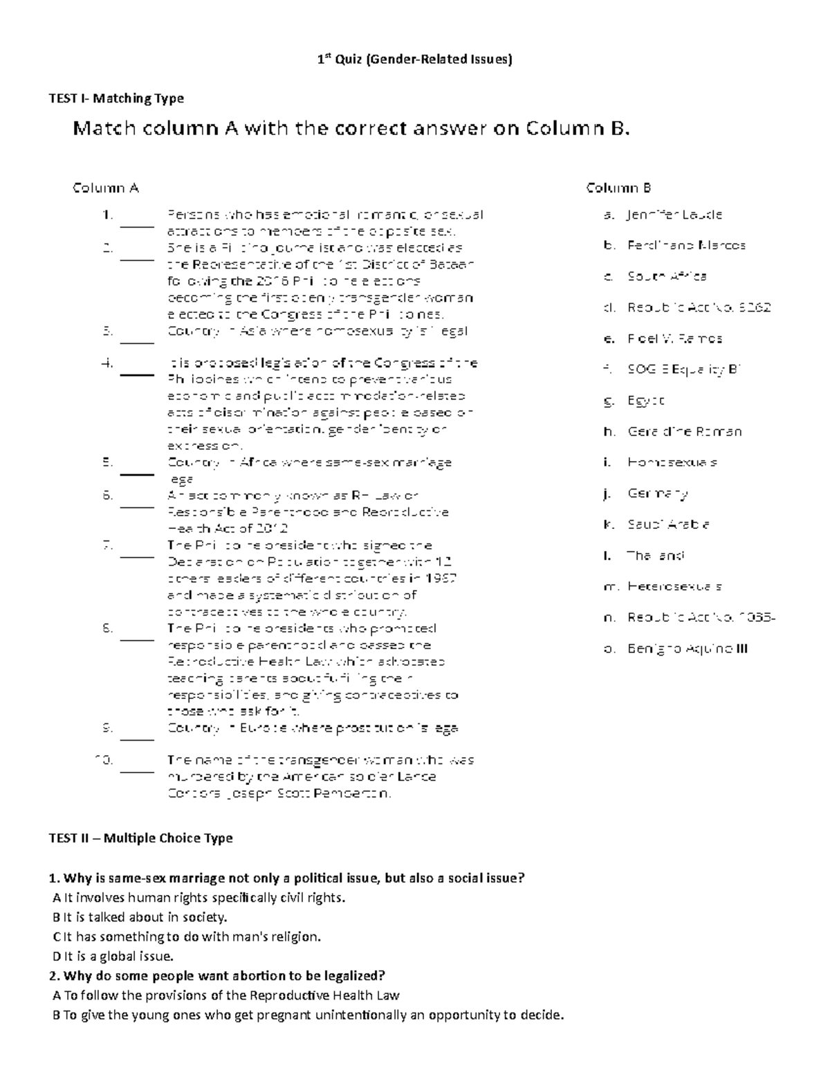 1st Quiz - QUIZ - 1 st Quiz (Gender-Related Issues) TEST I- Matching ...