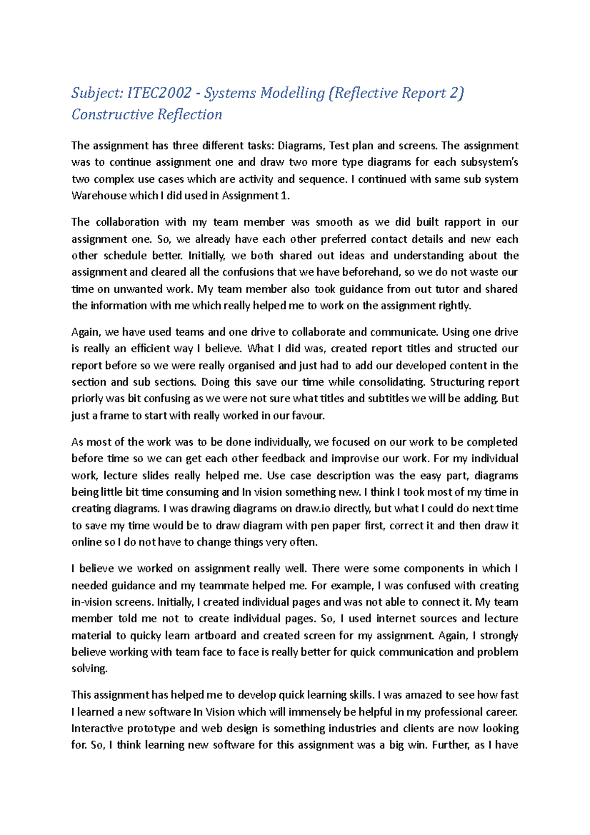 ITECH2002 Reflective Report 2 for assignment 2 - Subject: ITEC2002 ...