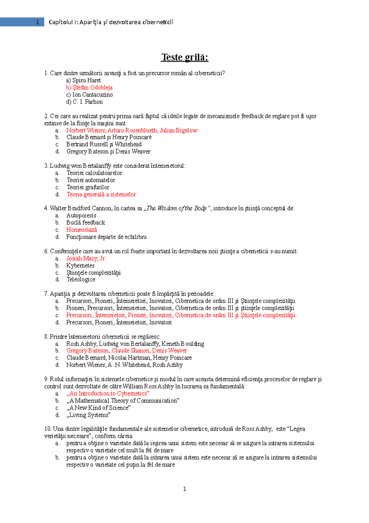 Exam Basics of Cybernetics, questions and answers - 1 Capitolul I ...