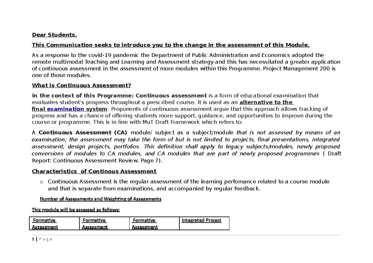 Project Management Integrated Project - Dear Students. This ...