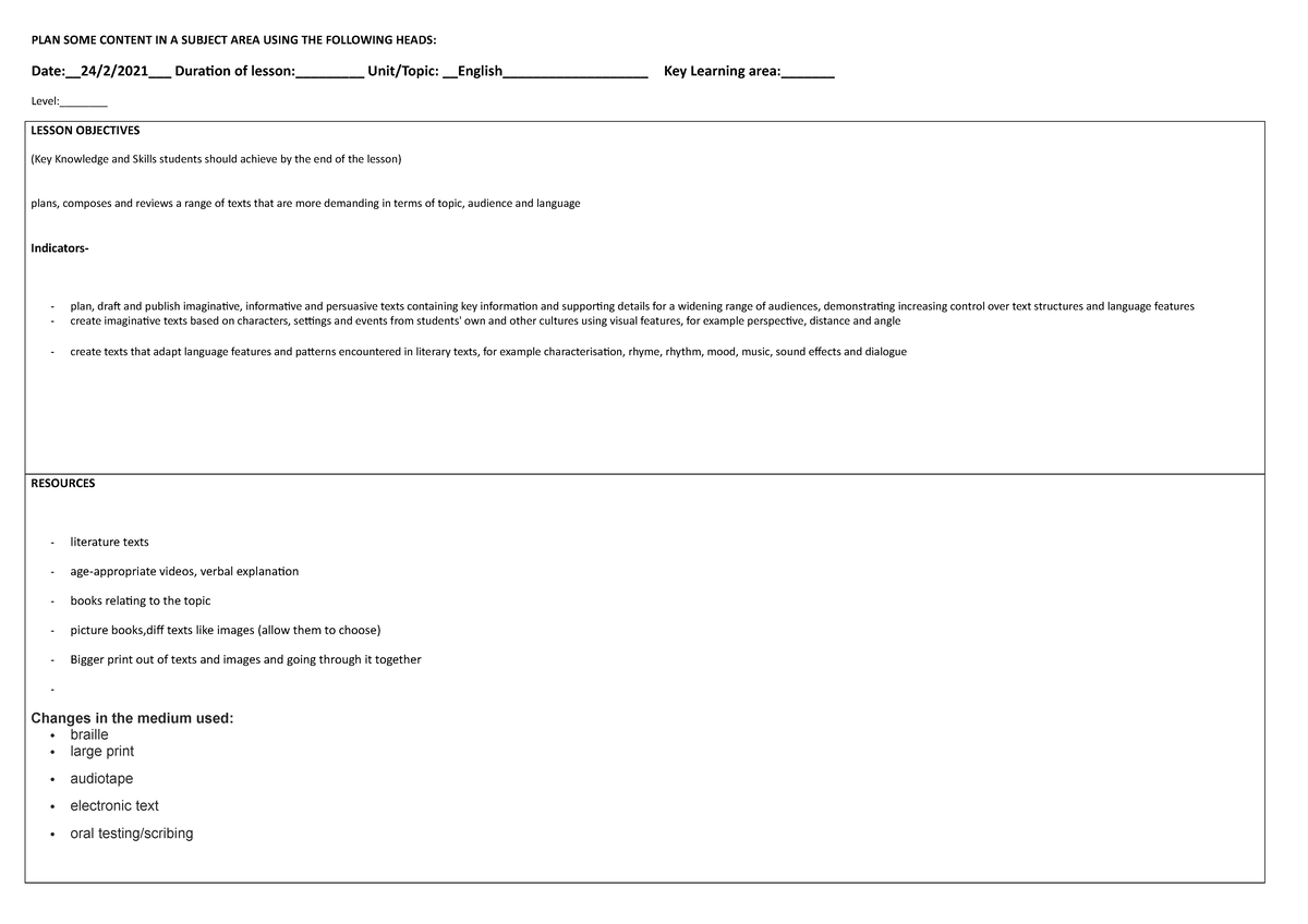 Modified Lesson Activity - PLAN SOME CONTENT IN A SUBJECT AREA USING ...