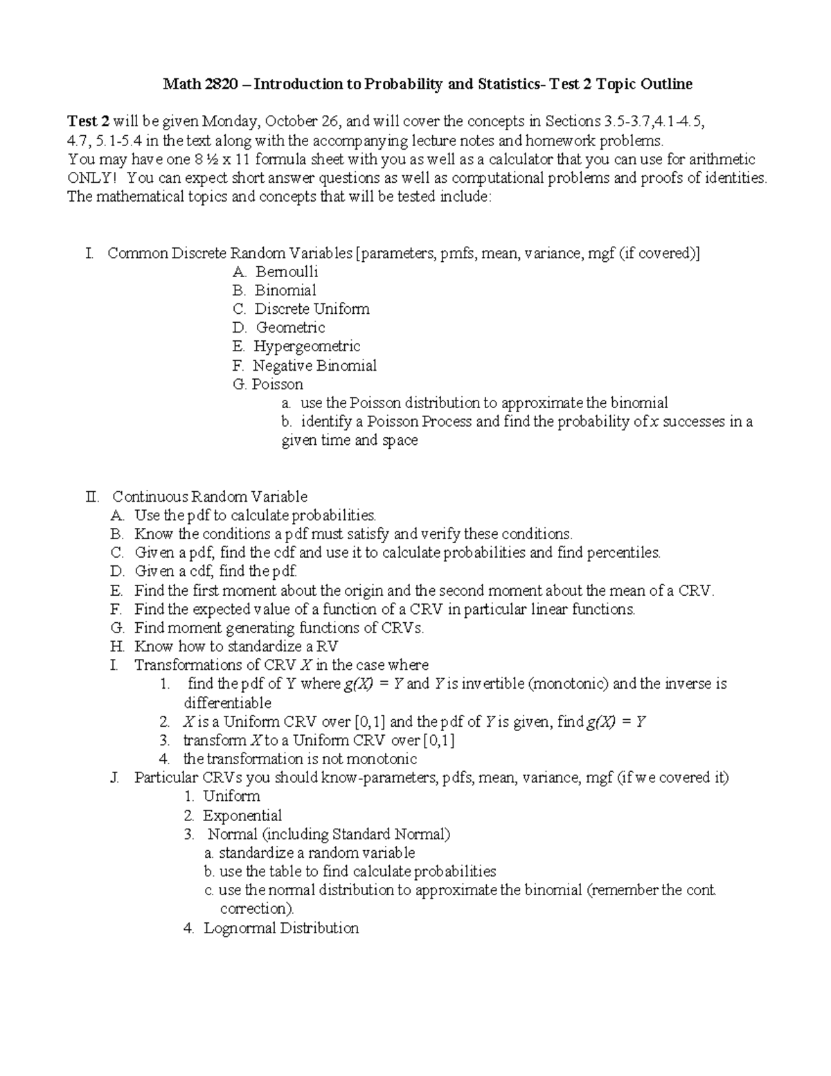 Midterm 2 Topics - Math 2820 – Introduction to Probability and ...