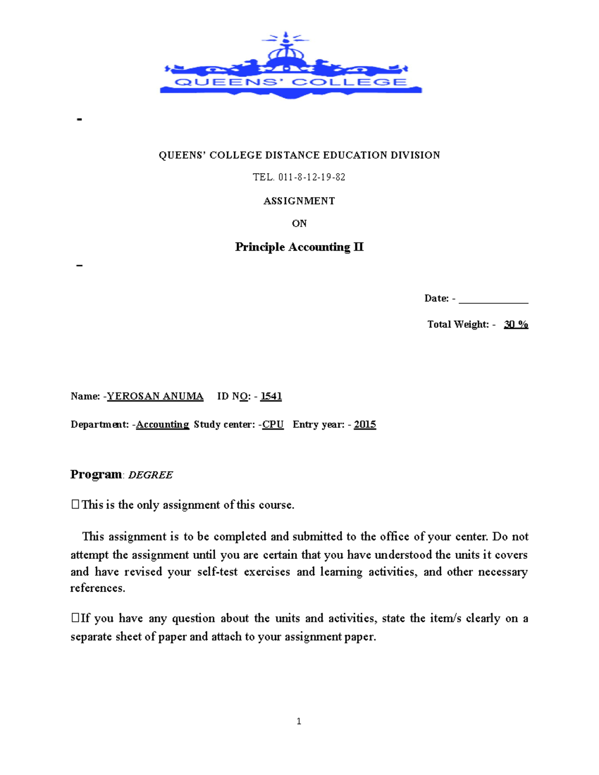 Yerosan Assignm. Principle OF ACC II.docx - QUEENS’ COLLEGE DISTANCE EDUCATION DIVISION TEL ...