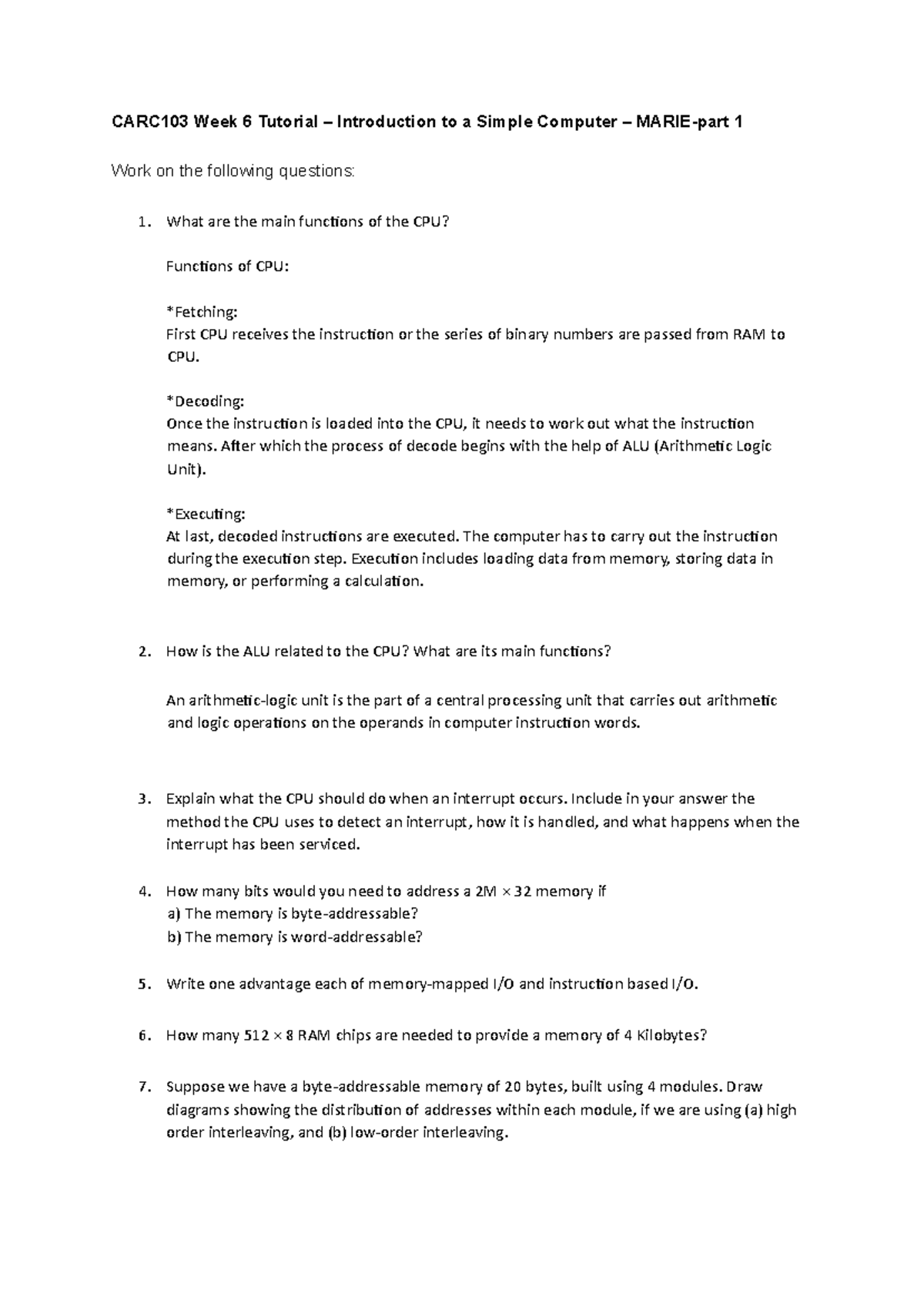 CA Week5 Tutorial - asd - CARC103 Week 6 Tutorial – Introduction to a Simple Computer – MARIE ...