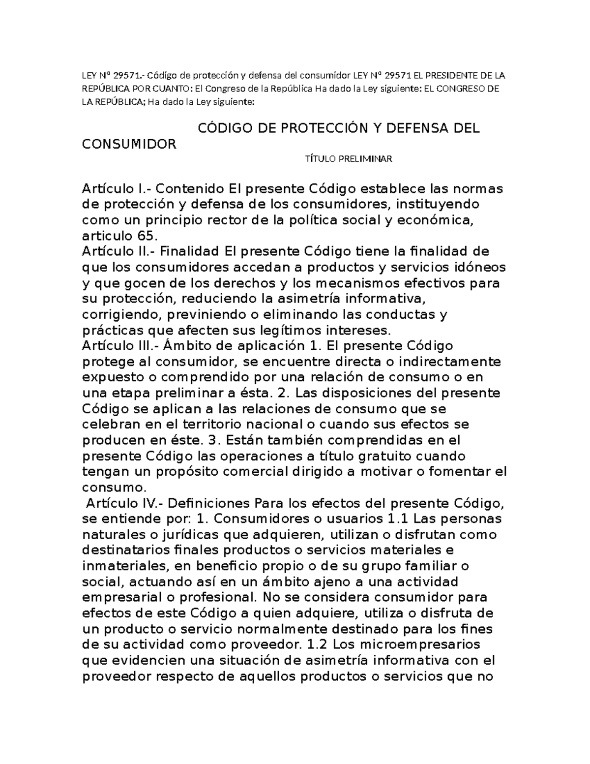 LEY Nº 29571 - tarea - LEY Nº 29571.- Código de protección y defensa del consumidor LEY Nº 29571 ...