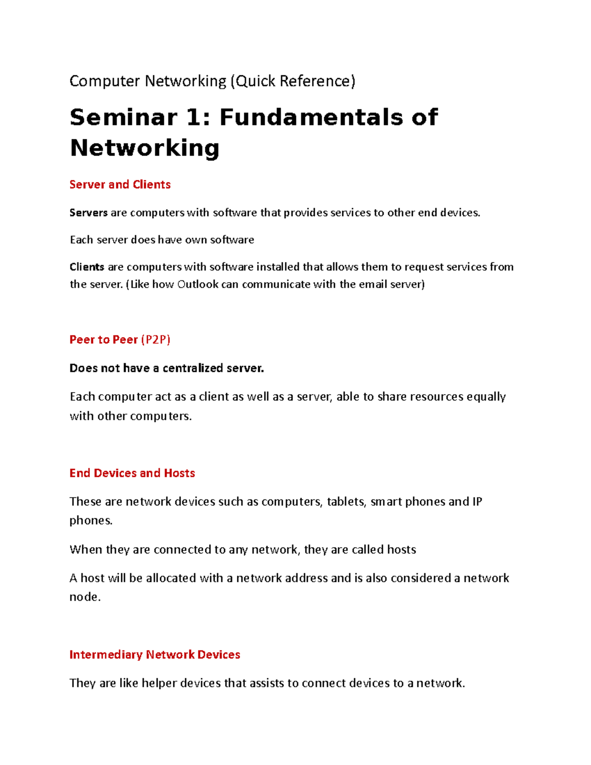 ICT259 Personal Summarized Study Guide - Computer Networking (Quick Reference) Seminar 1: - Studocu