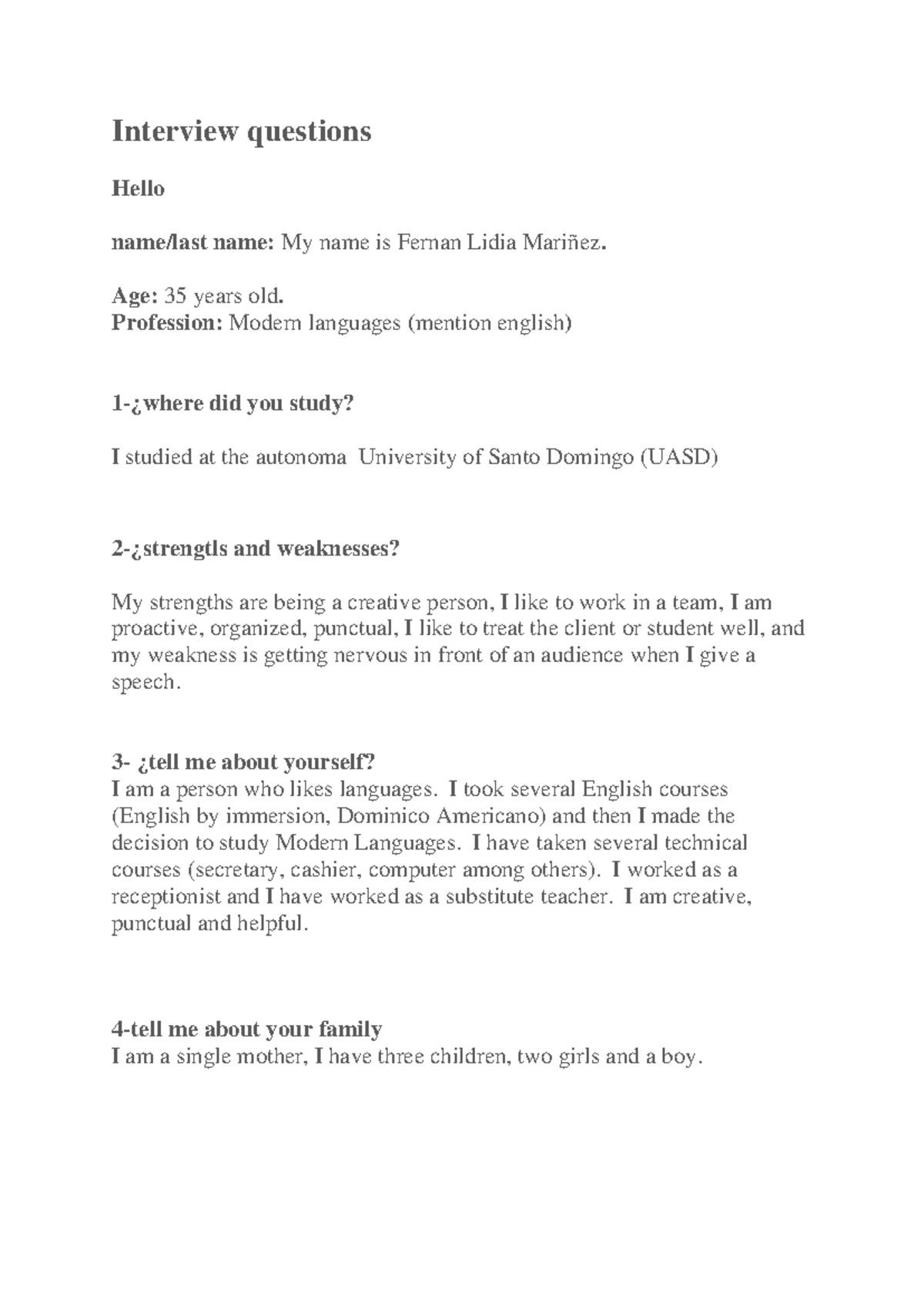 Documento 136 - gnff - Interview questions Hello name/last name: My ...