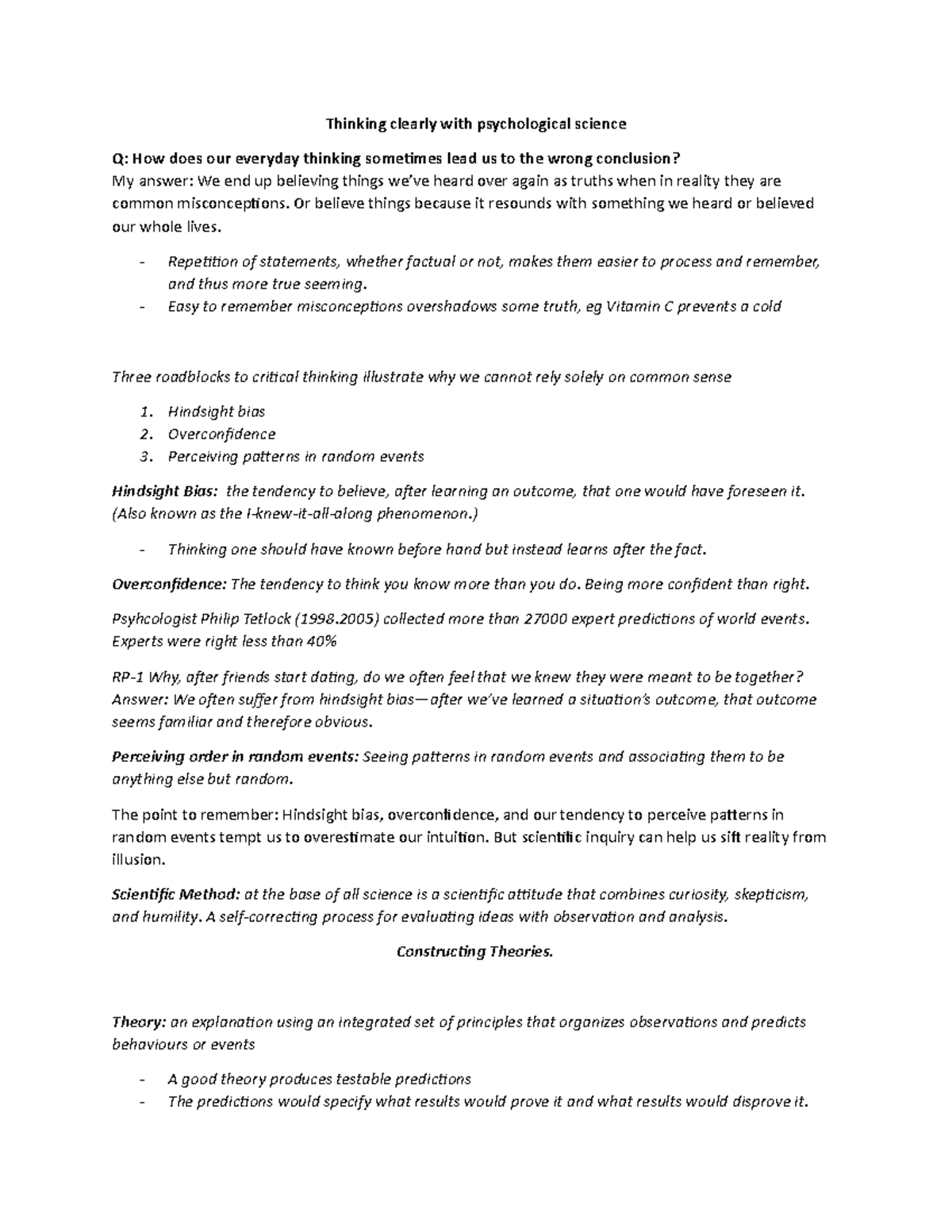 Pysch Chapter 1 - Notes - Thinking clearly with psychological science Q ...