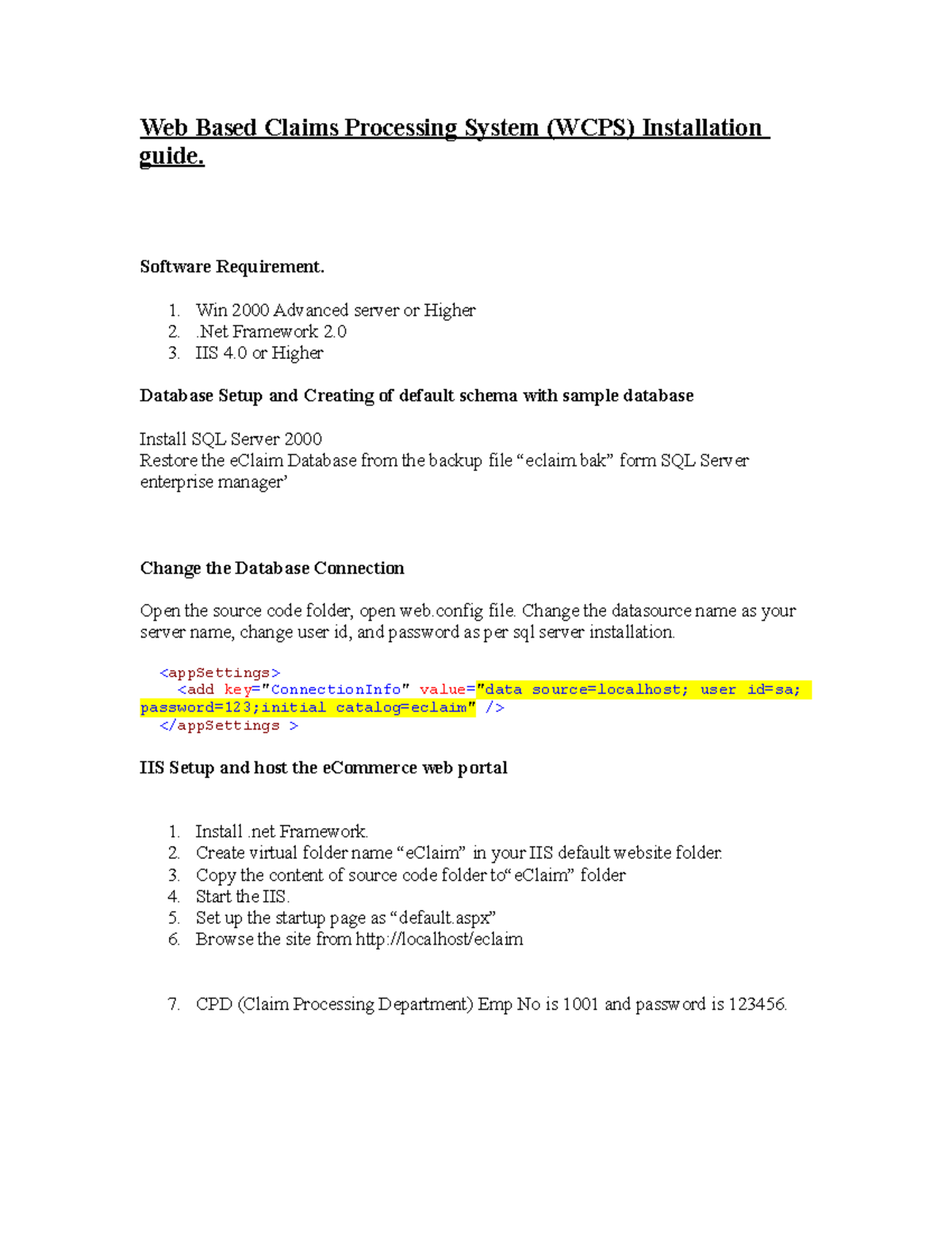 Claim installation guide - Web Based Claims Processing System (WCPS) Installation guide ...