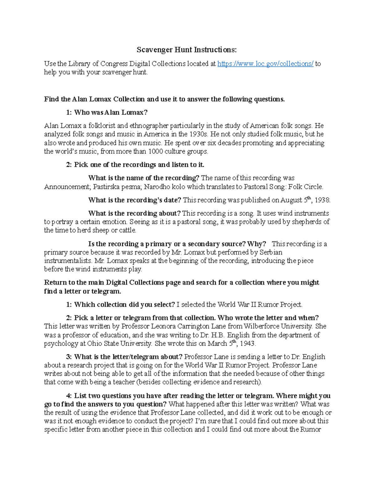 Scavenger Hunt #1 - Find the Alan Lomax Collection and use it to answer ...