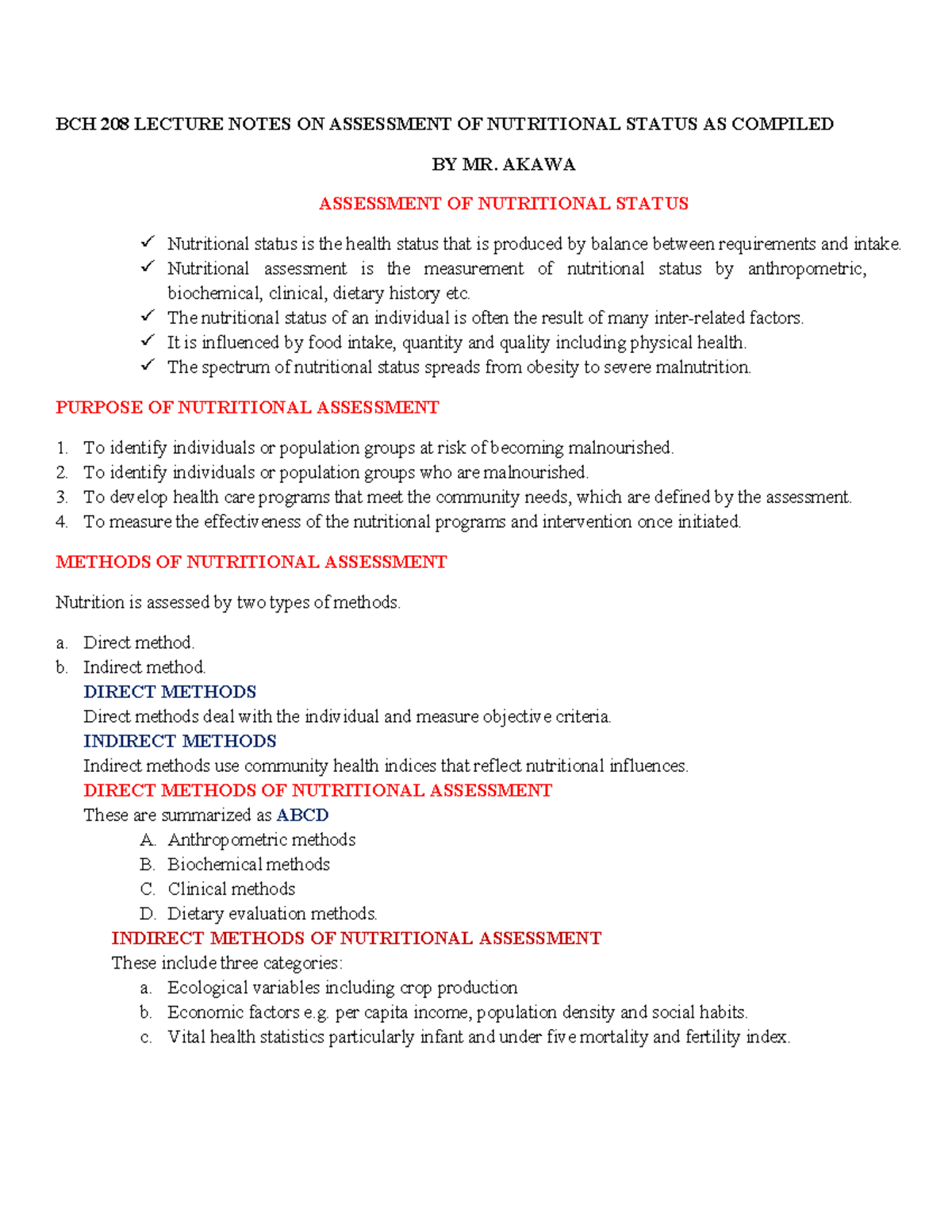 1589648683 BCH 208 Lecture Notes ON Assessment OF Nutritional Status ...