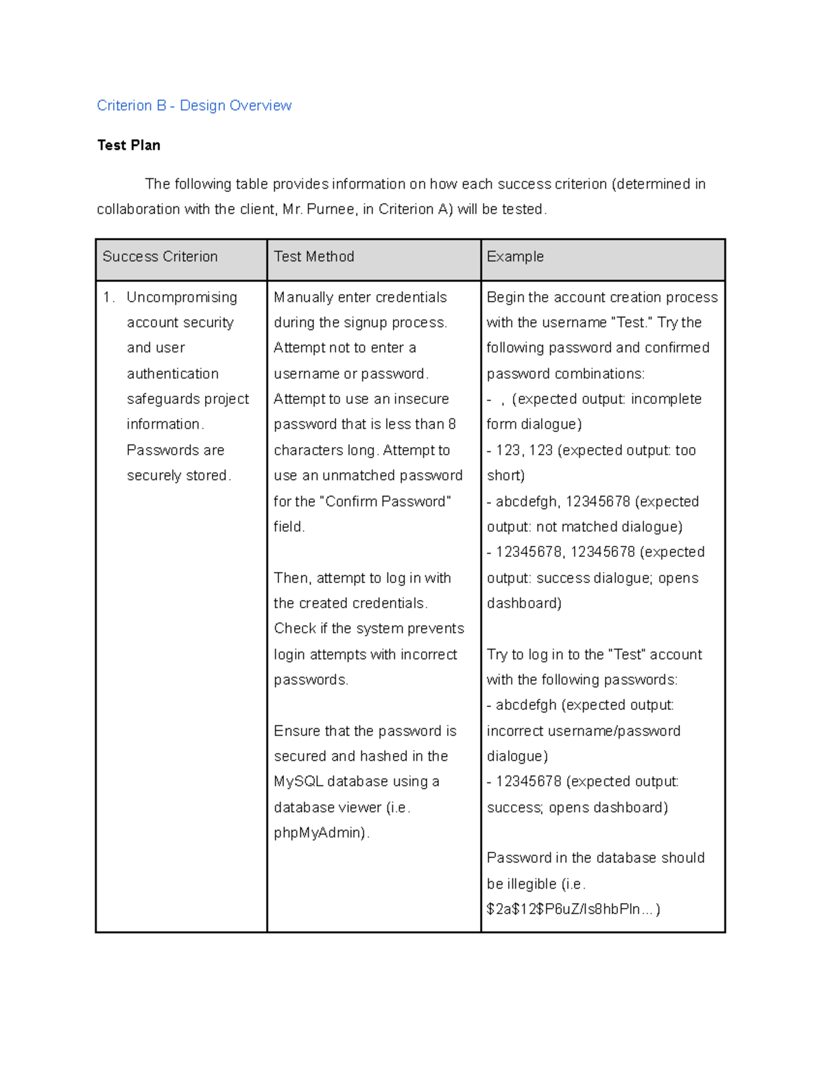 Criterion B - Design Overview - Purnee, in Criterion A) will be tested ...
