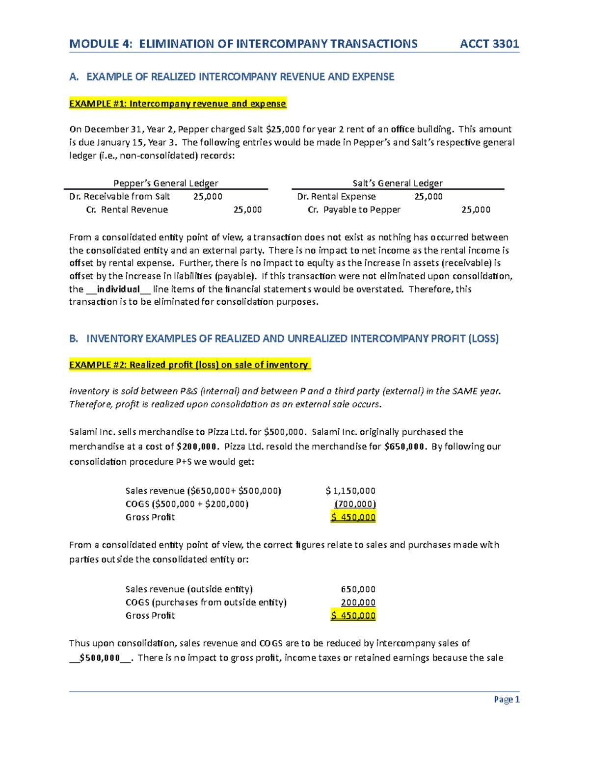 Module 4 - A. EXAMPLE OF REALIZED INTERCOMPANY REVENUE AND EXPENSE ...