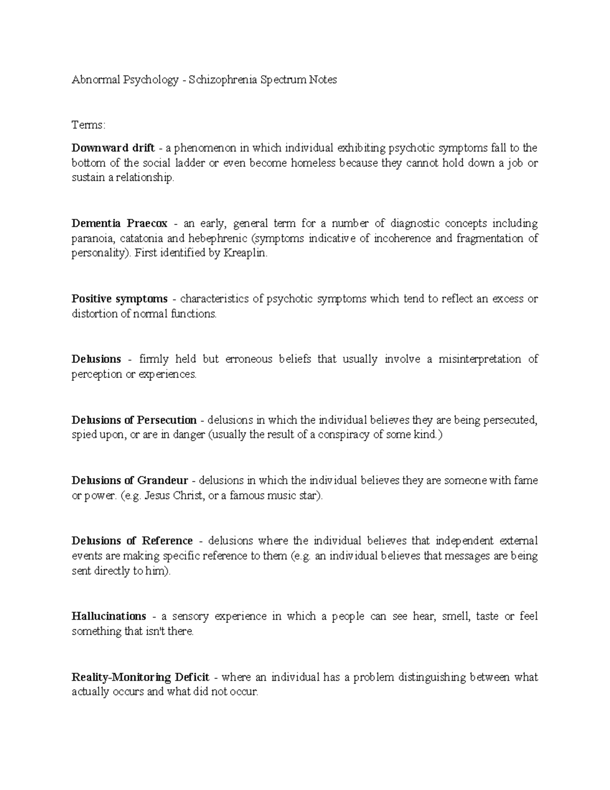 Schizophrenia Spectrum Disorder Notes - Abnormal Psychology ...