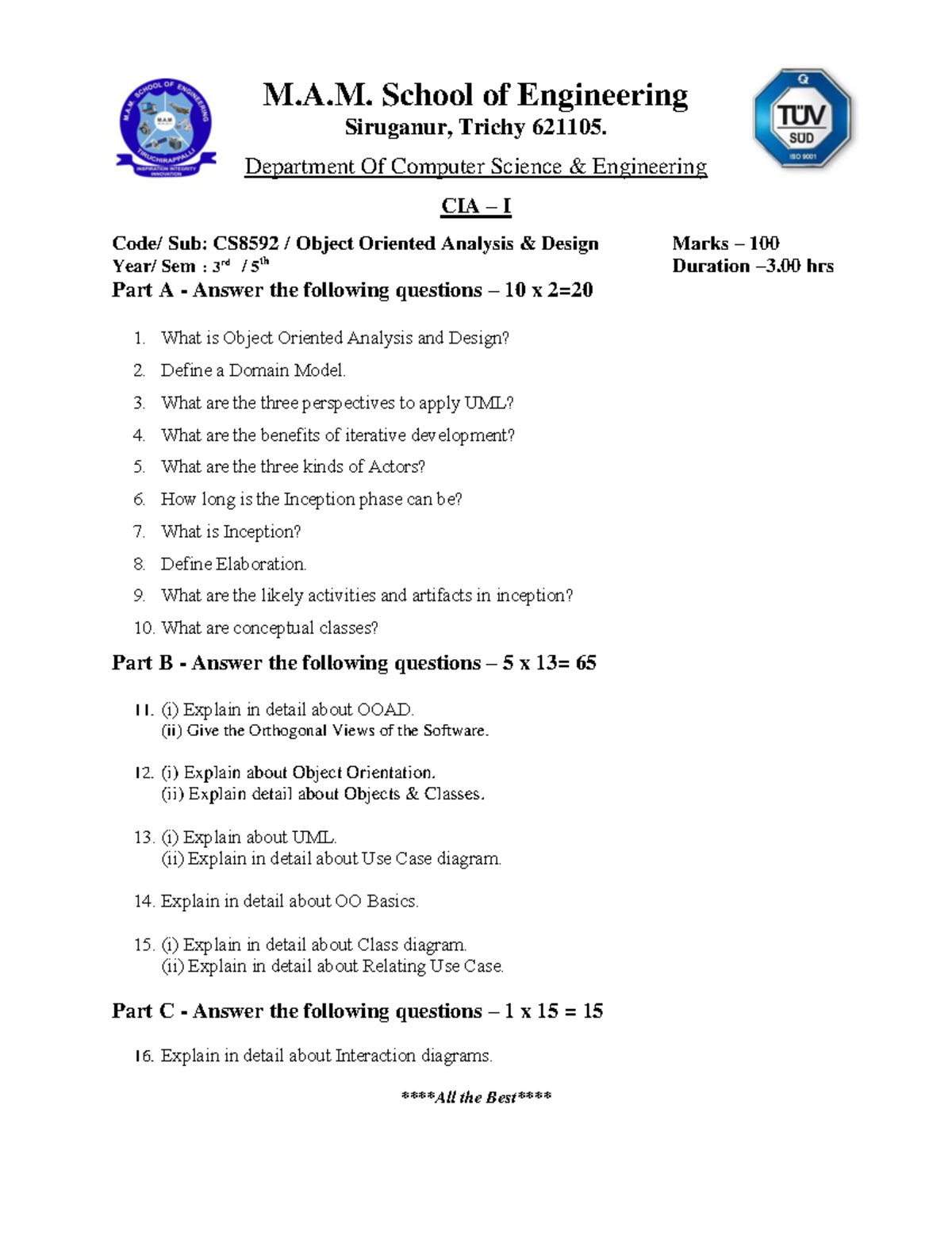 CIA 1 QP - QUESTION PAPER FOR CS - M.A. School of Engineering Siruganur ...
