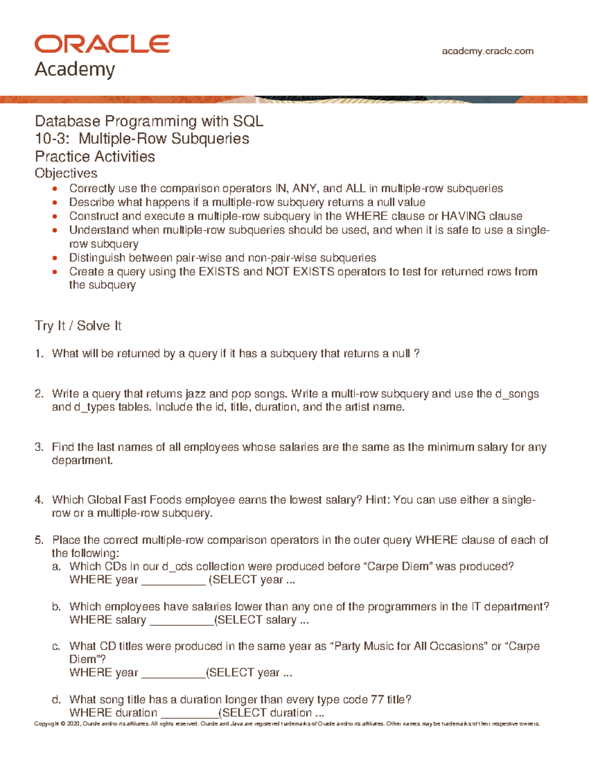 DP 10 3 Practice - Copyright © 2020, Oracle and/or its affiliates. All ...