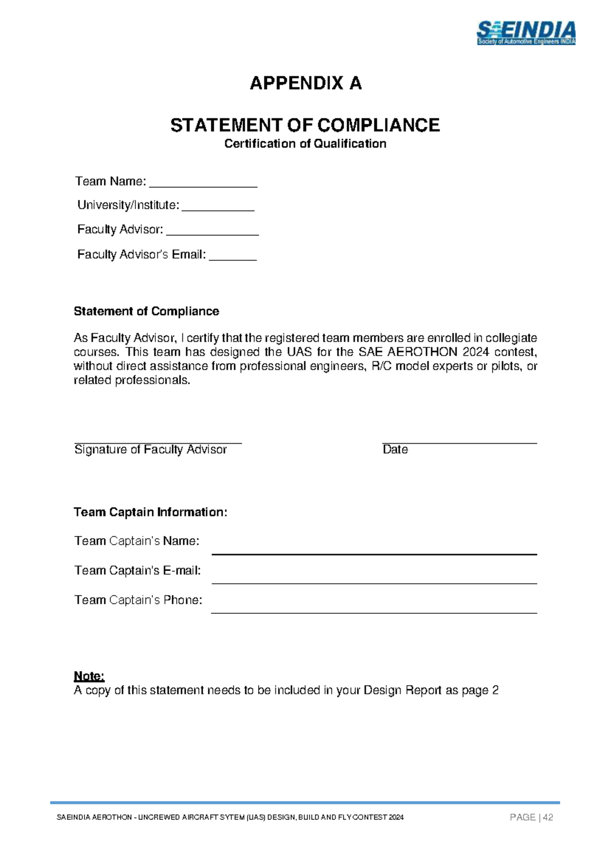 Compliance form - SAEINDIA AEROTHON - UNCREWED AIRCRAFT SYTEM (UAS ...