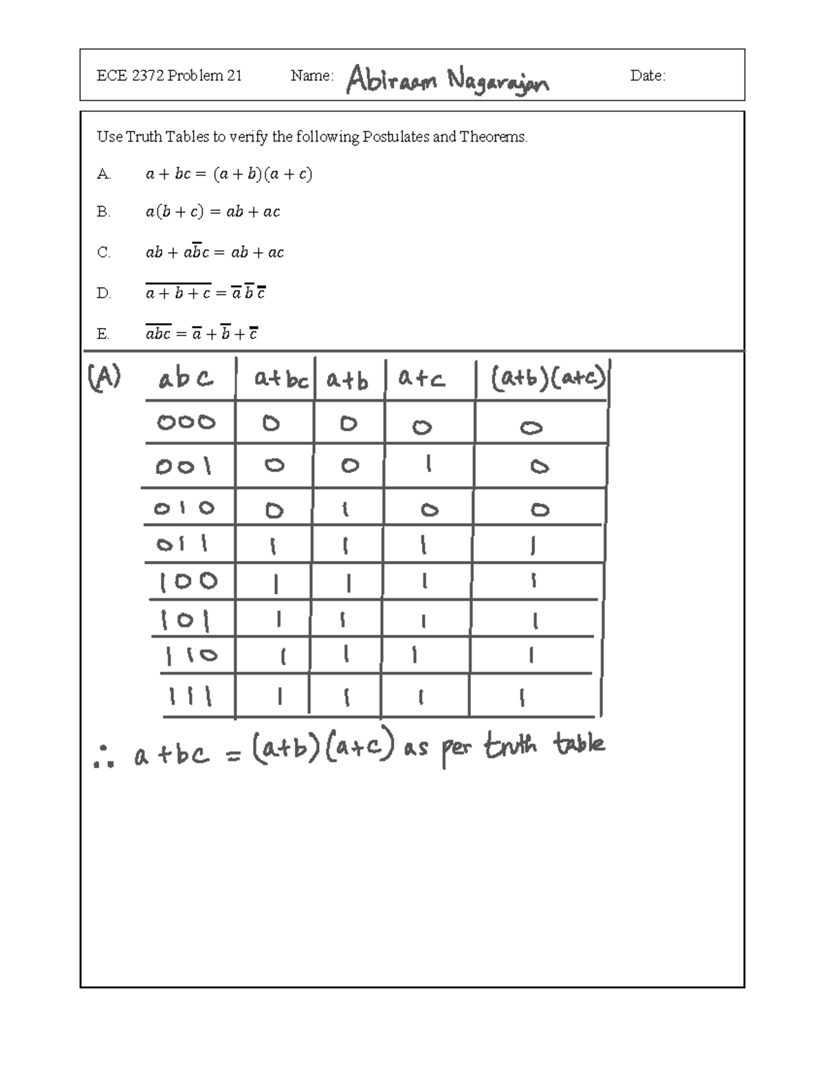 Ece 2372 Problem Boolean Algebra Postulates Ece 2372 Problem 21 Name Date Use Truth Tables